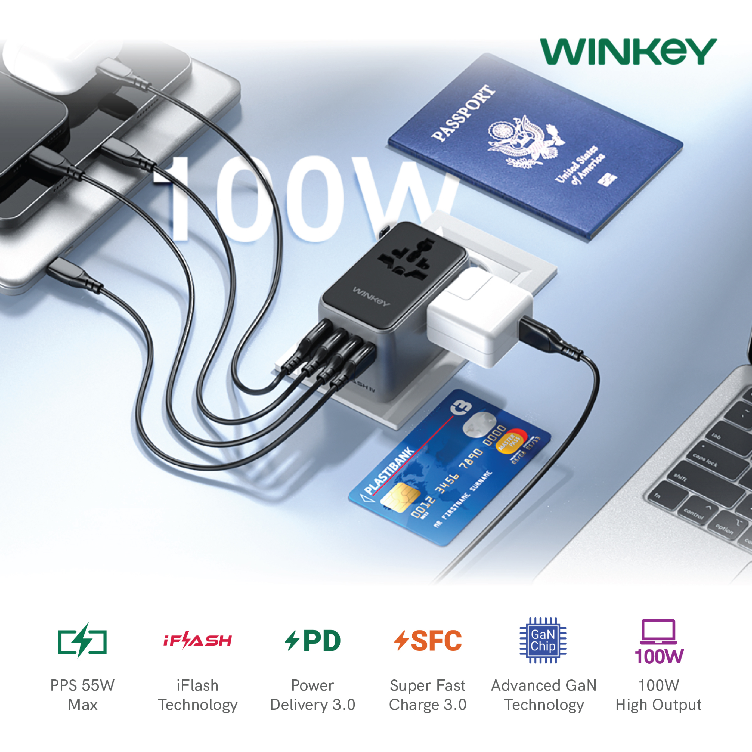 Jual WINKEY Universal Travel Adaptor 100W GAN PPS 4 Port USB & USB C ...