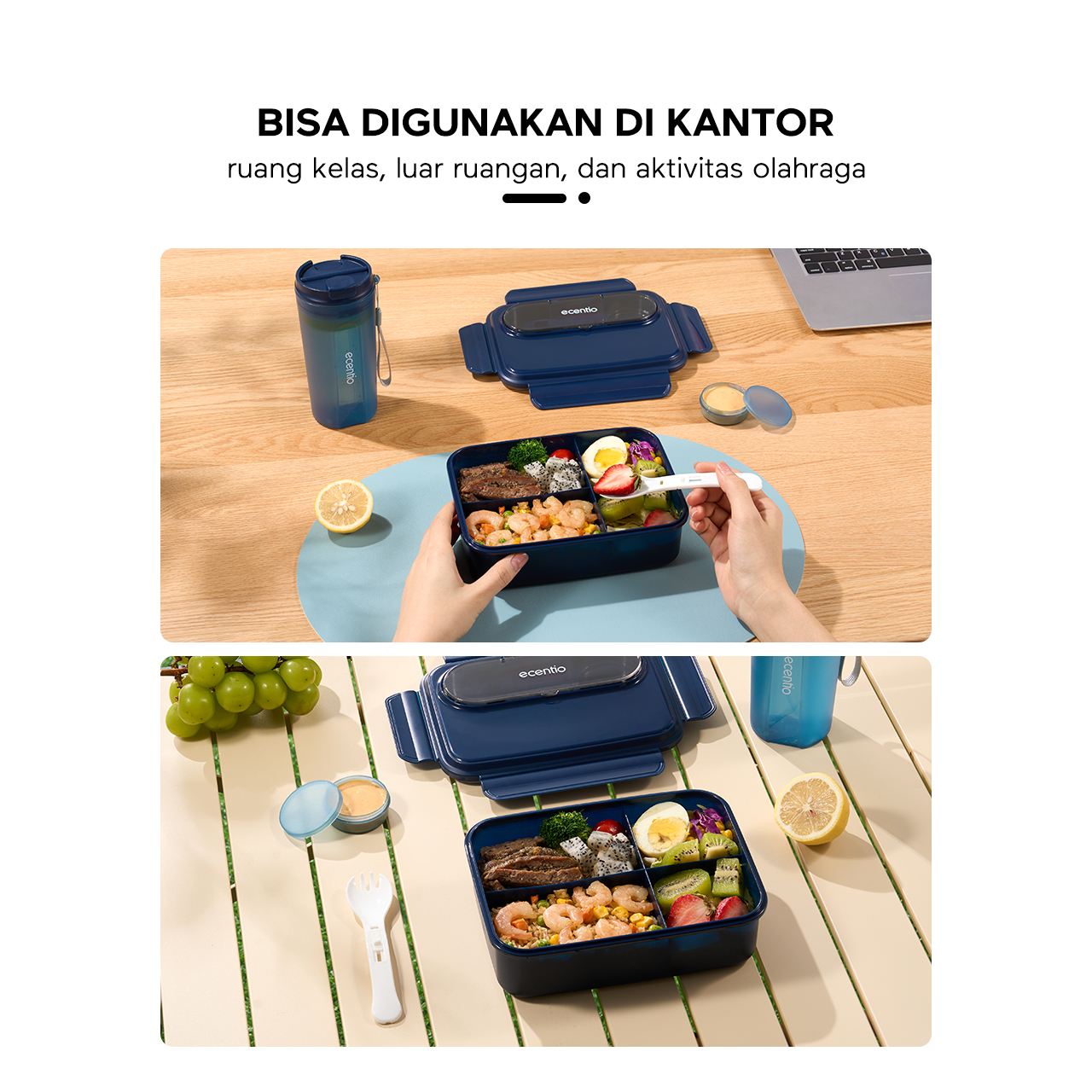 Jual 【New Launch】ecentio Kotak Bekal Makan Set 1200ml + 500ml sekat 4 dengan kotak saus&sendok ...