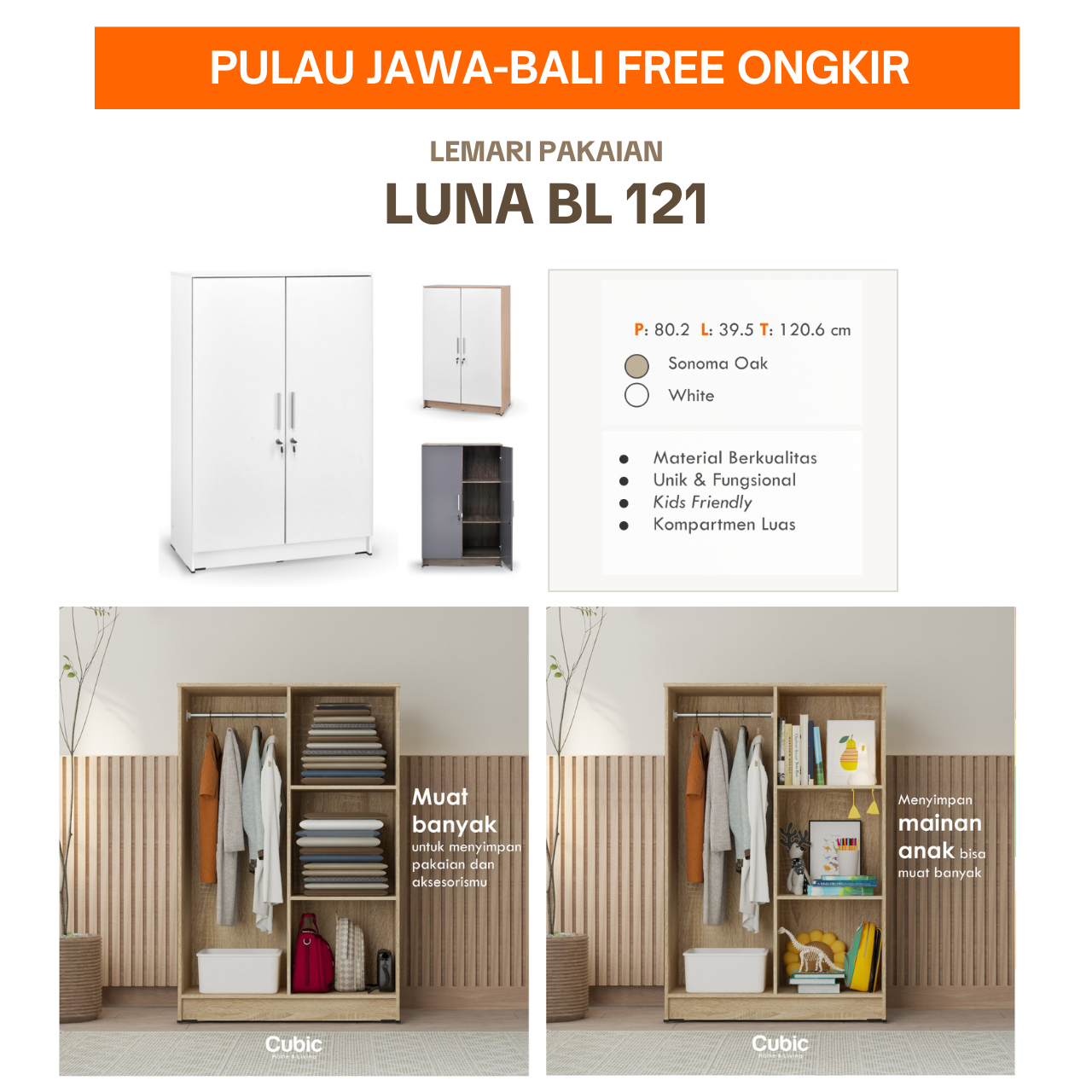 Jual Cubic Lemari Pakaian Anak Minimalis / Almari 2 Pintu - LUNA BL 121 ...