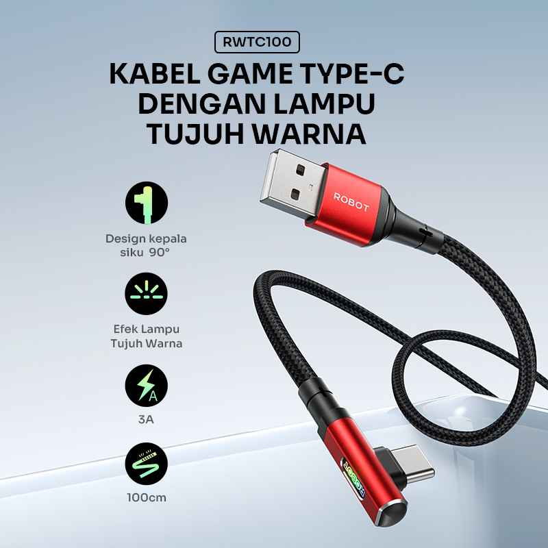 Jual ROBOT Kabel Data Charger Gaming 90 Derajat Fast Charging 3A Type C Lightning Micro USB ...