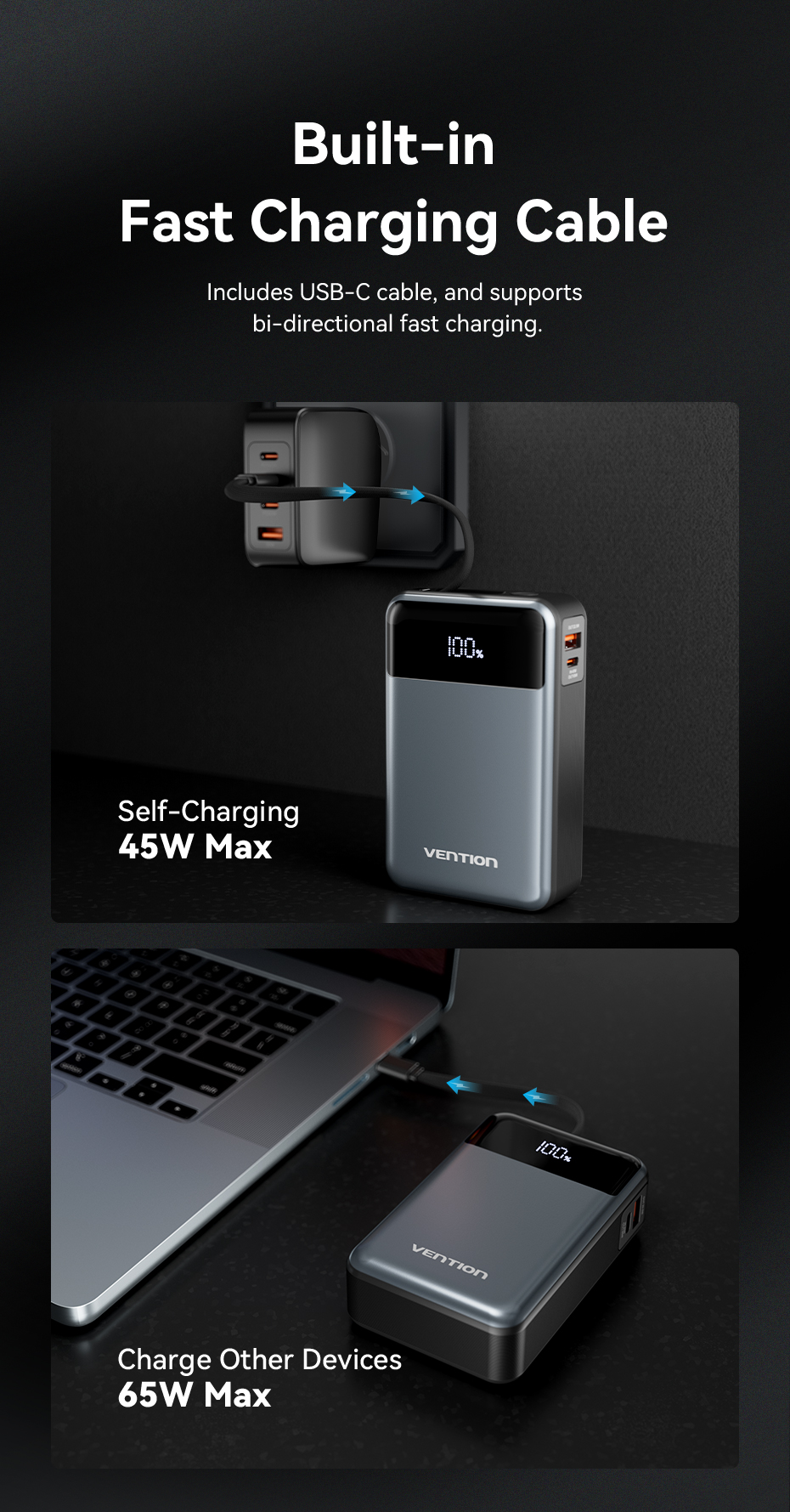 Jual Vention Travel Powerbank Built in Cable USB Type C 20000mAh Fast Charging 65W Android ...