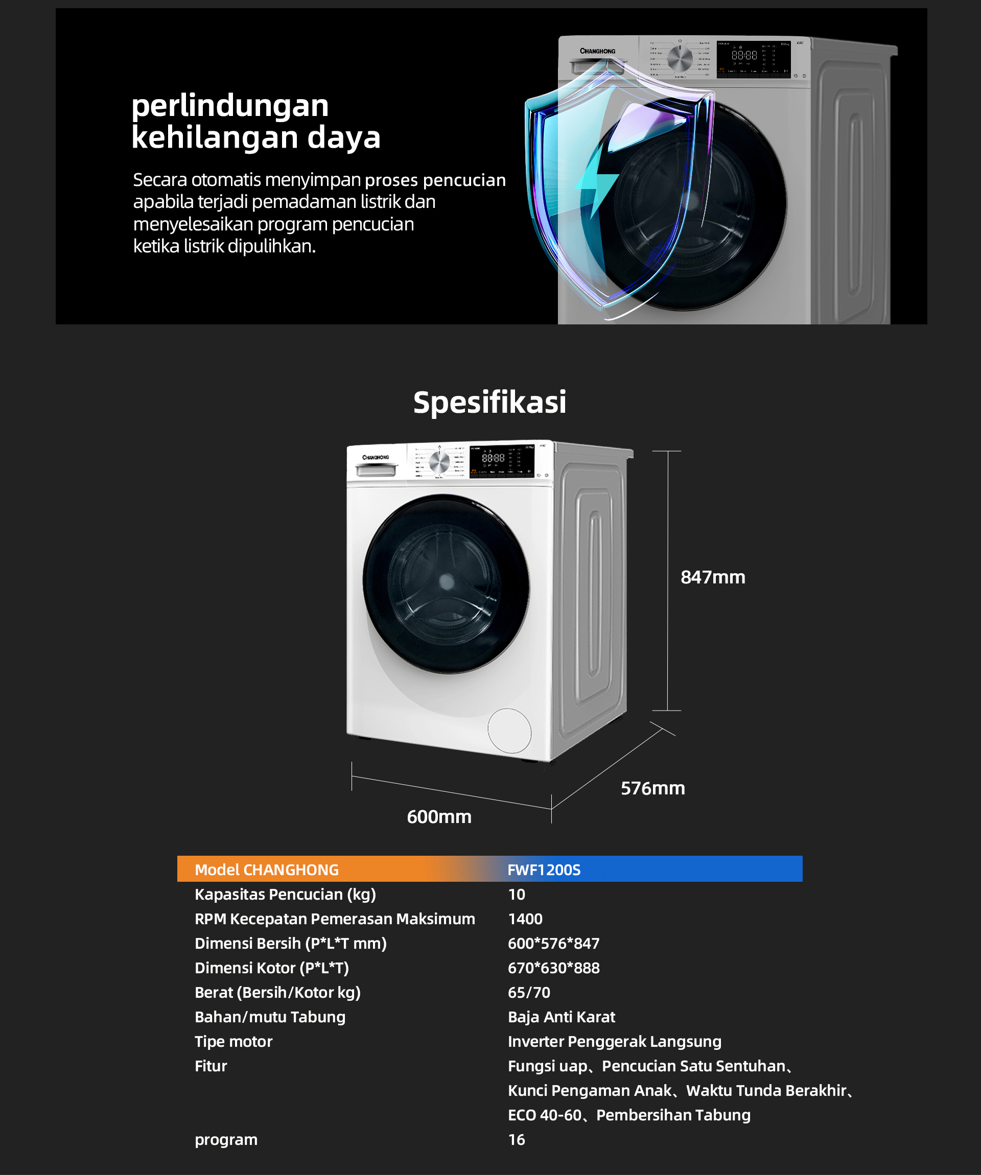 Jual Changhong Mesin Cuci Smart Front Loading Kapasitas 10 kg Model ...
