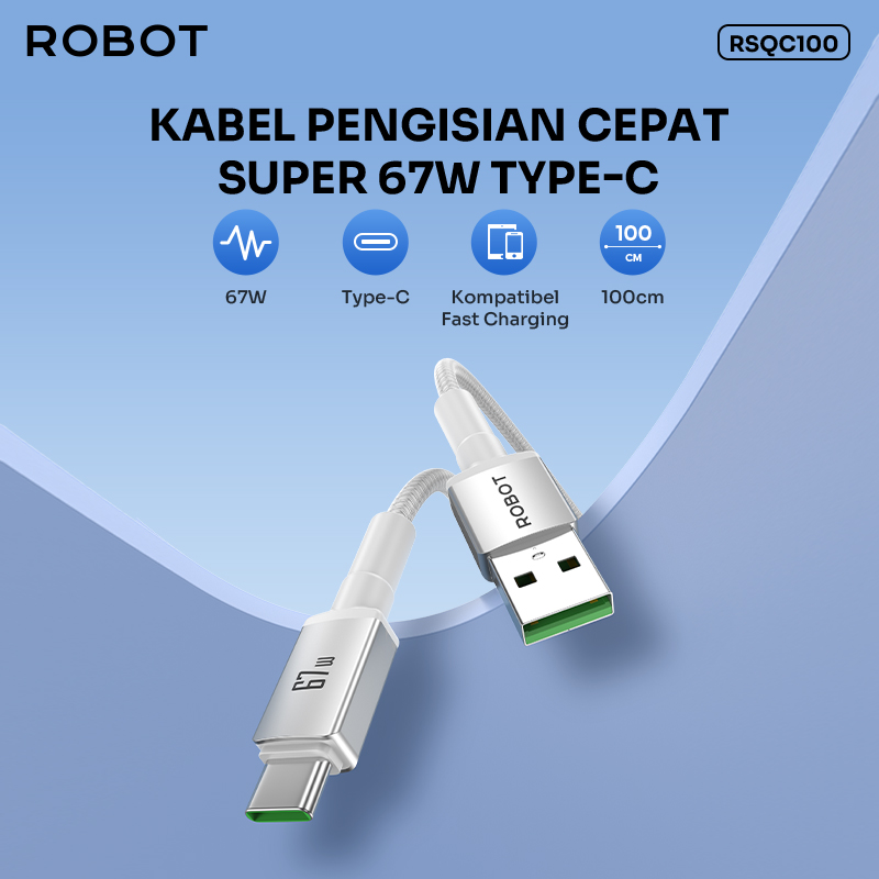 Jual ROBOT Kabel Data RSQC100 USB to Type C 67W Fast Charging 1M Nylon ...