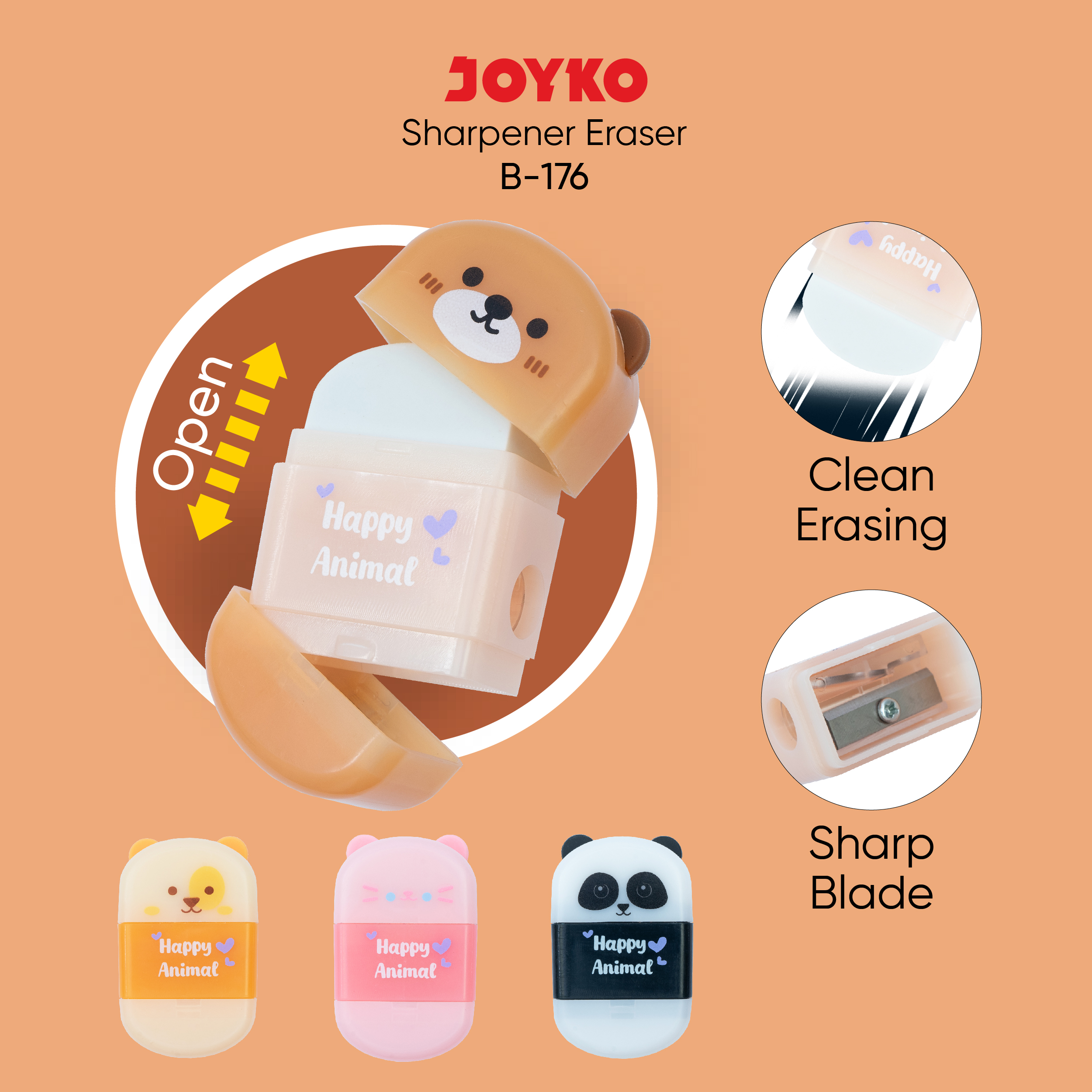 Jual Sharpener Eraser 2 in 1 Rautan dan Penghapus Joyko B-176 Happy ...