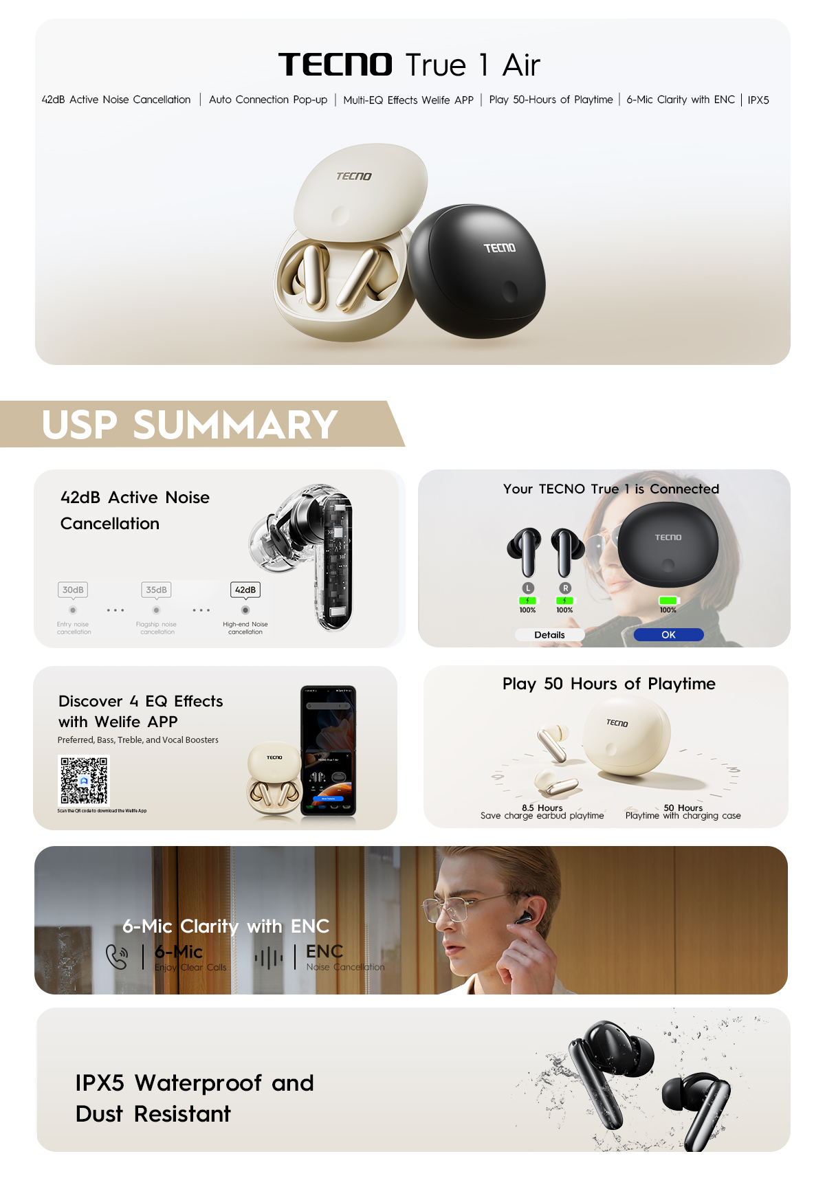 Jual TECNO TWS True 1 Air - 42dB ANC, Auto Connection Pop-up, Multi-EQ ...