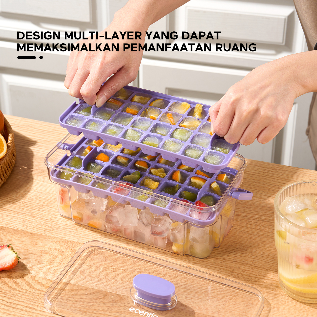 Jual ecentio Cetakan Es Batu 64 Grid Tray ice Cube Container gratis ...