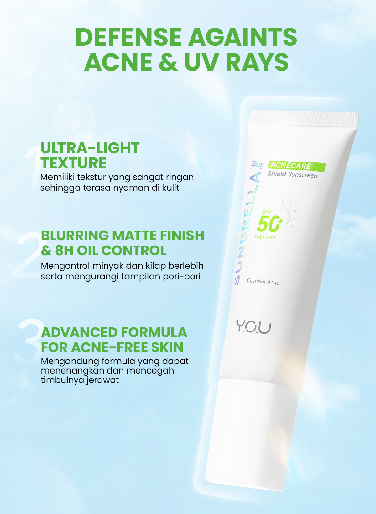 Jual YOU Sunbrella Pro Acnecare Shield Sunscreen SPF 50+ PA++++ Acne Sunscreen Skincare ...