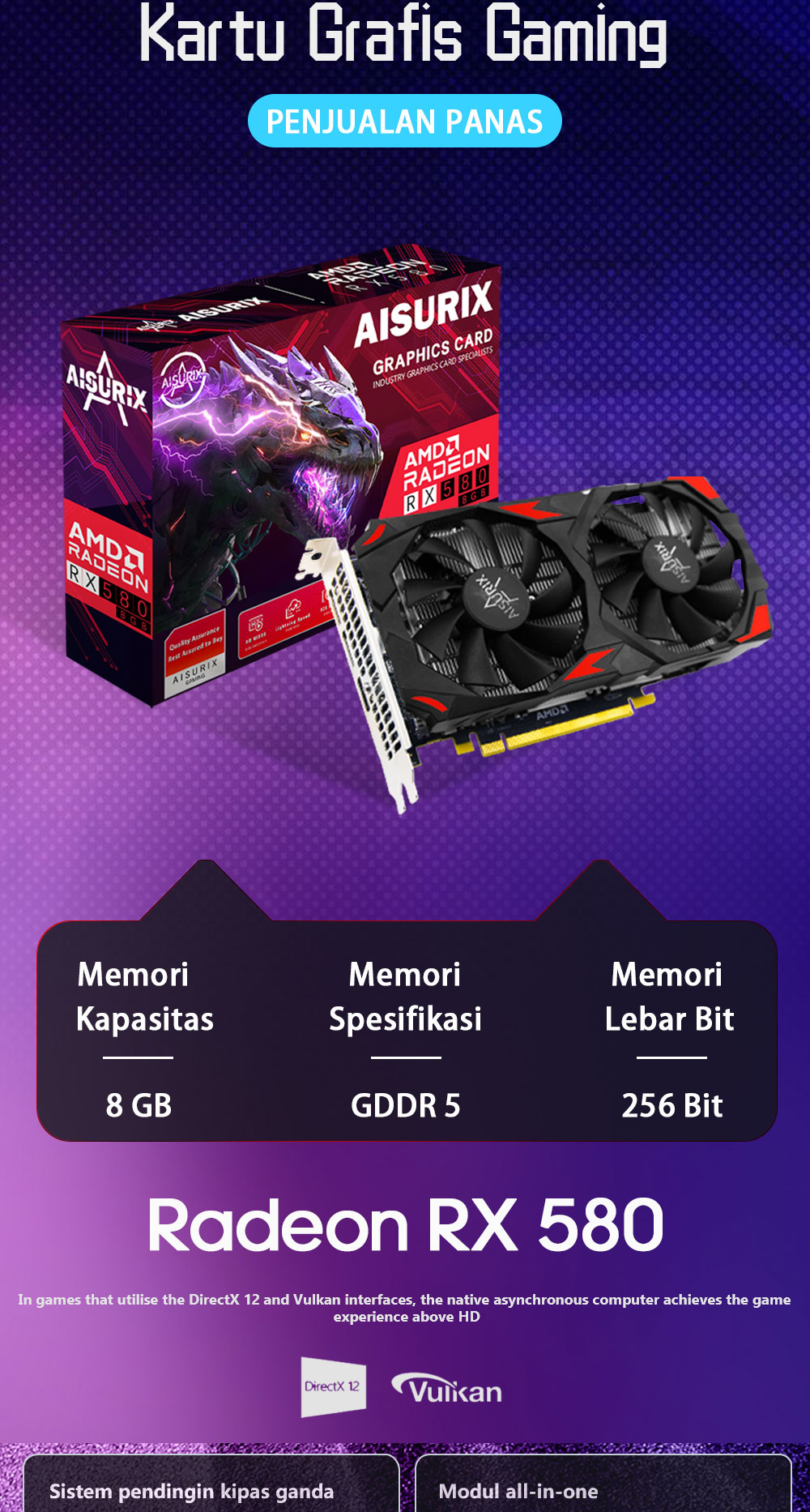 Jual AISURIX VGA Card RX 580 8GB GDDR5 256Bit 2048SP HDMI PC Gaming AMD ...