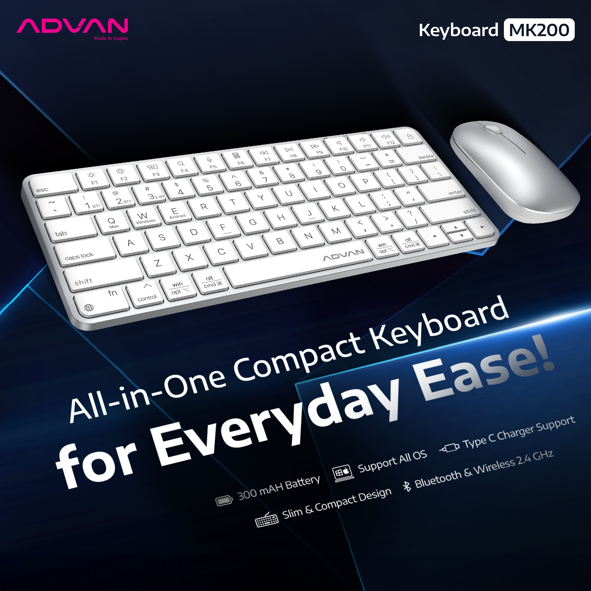 Jual [New Launch] ADVAN Mouse & Keyboard MK200 Wireless 2.4G Bluetooth ...