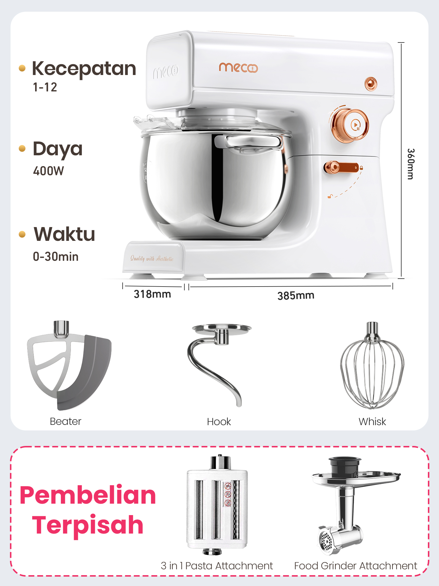 Jual Mecoo Aesthetic Premium Stand Mixer 6 Liter Smart LED Silent Motor ...