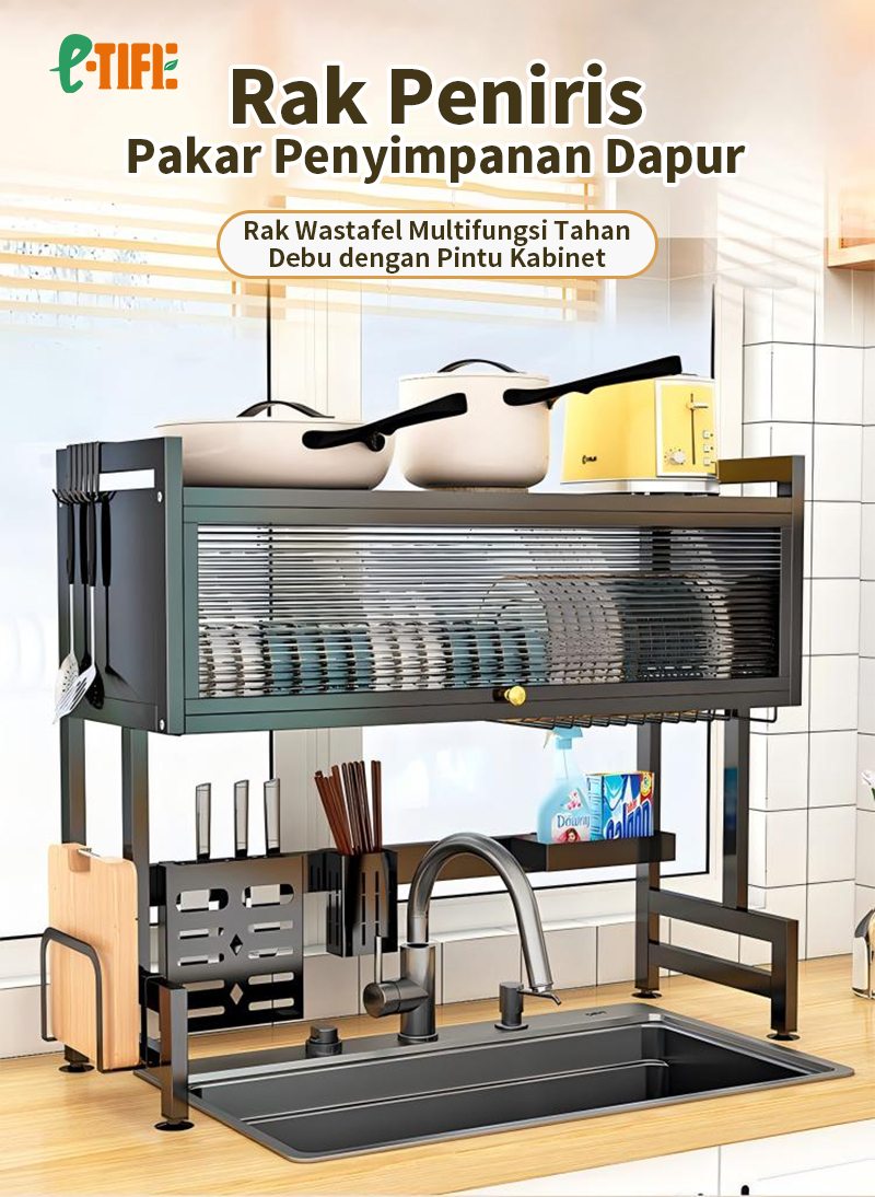 Jual E-TIFE Rak Piring Wastafel Dapur Stainless Steel Multi-fungsi Dengan Penutup Rak Piring ...