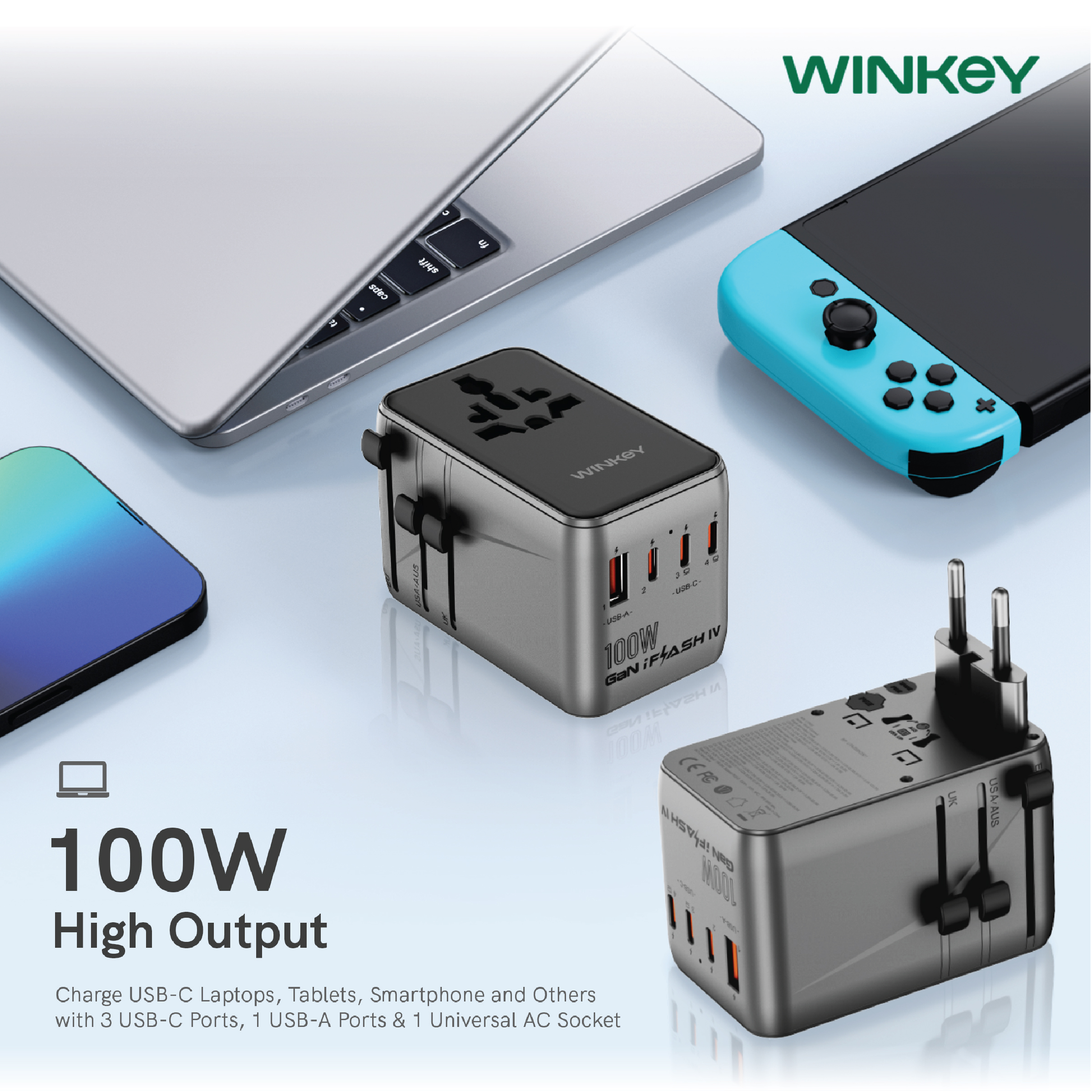 Jual WINKEY Universal Travel Adaptor 100W GAN PPS 4 Port USB & USB C ...