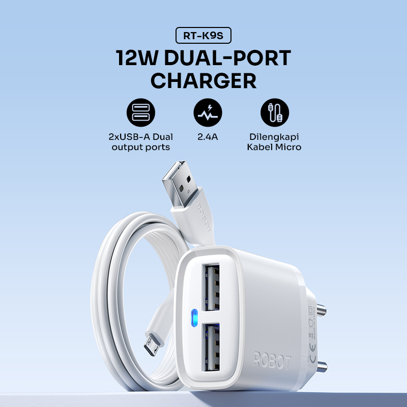 Jual ROBOT Kepala Charger Dual-Port USB-A 12W 2.4A LED Indikator with ...