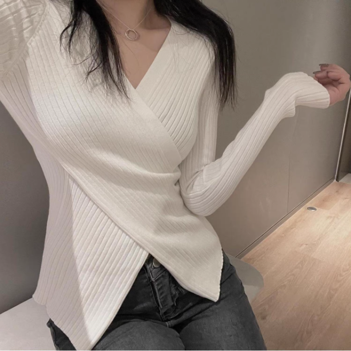 Jual Newlan DBZZ03 Knit V-neck Korean Style Wrap Top Atasan Rajut Wanita Lengan Panjang Sweater ...