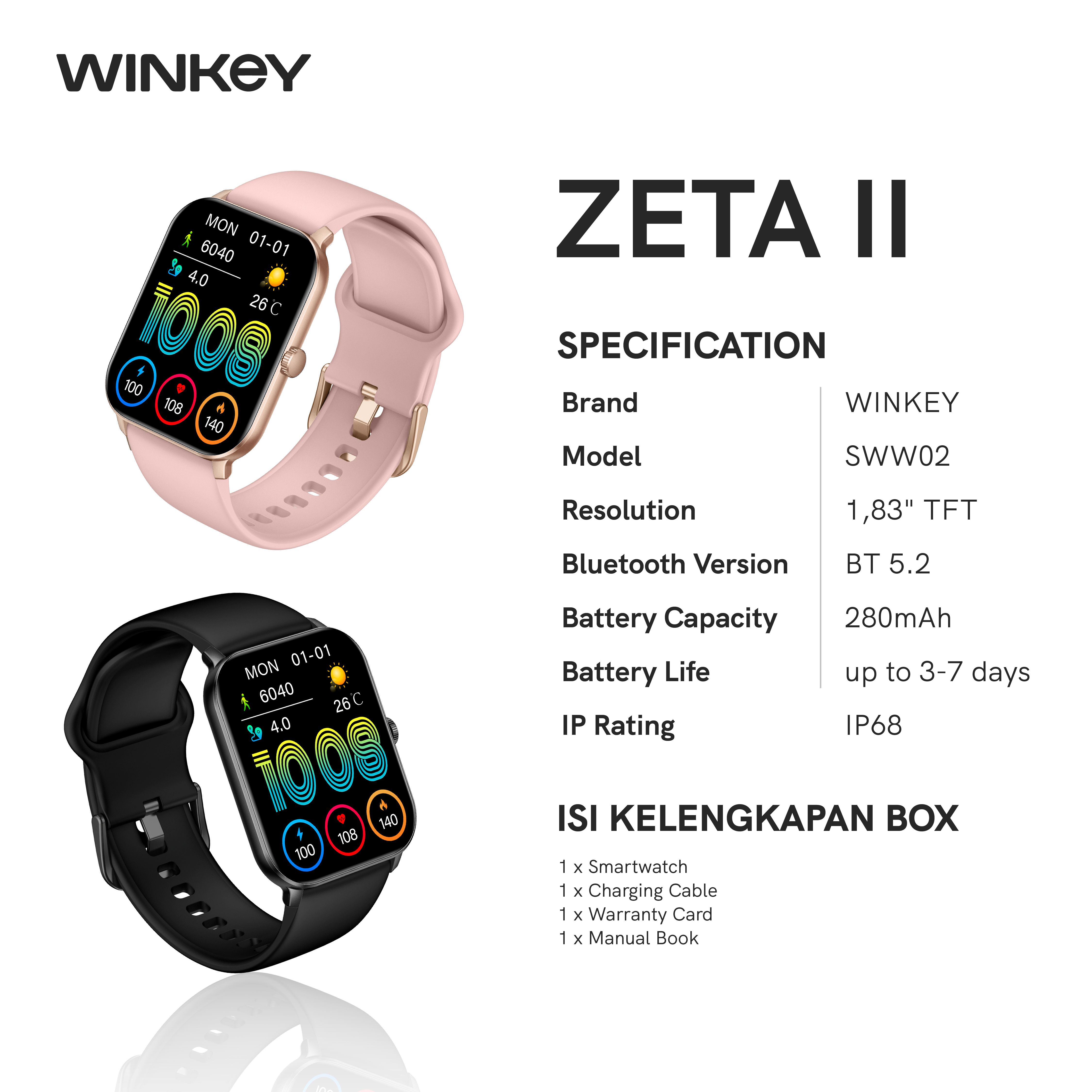Jual WINKEY Smartwatch ZETA II HD Display Bluetooth Calling Standby 46 ...