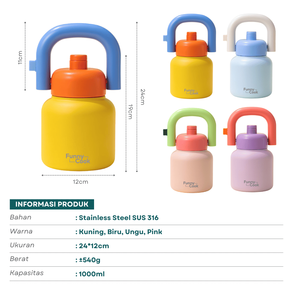 Jual FUNNYCOOK Botol Minum Tumbler Matte Bulat 1 Liter Double Insulated SUS 316 BPA Free - Pink ...