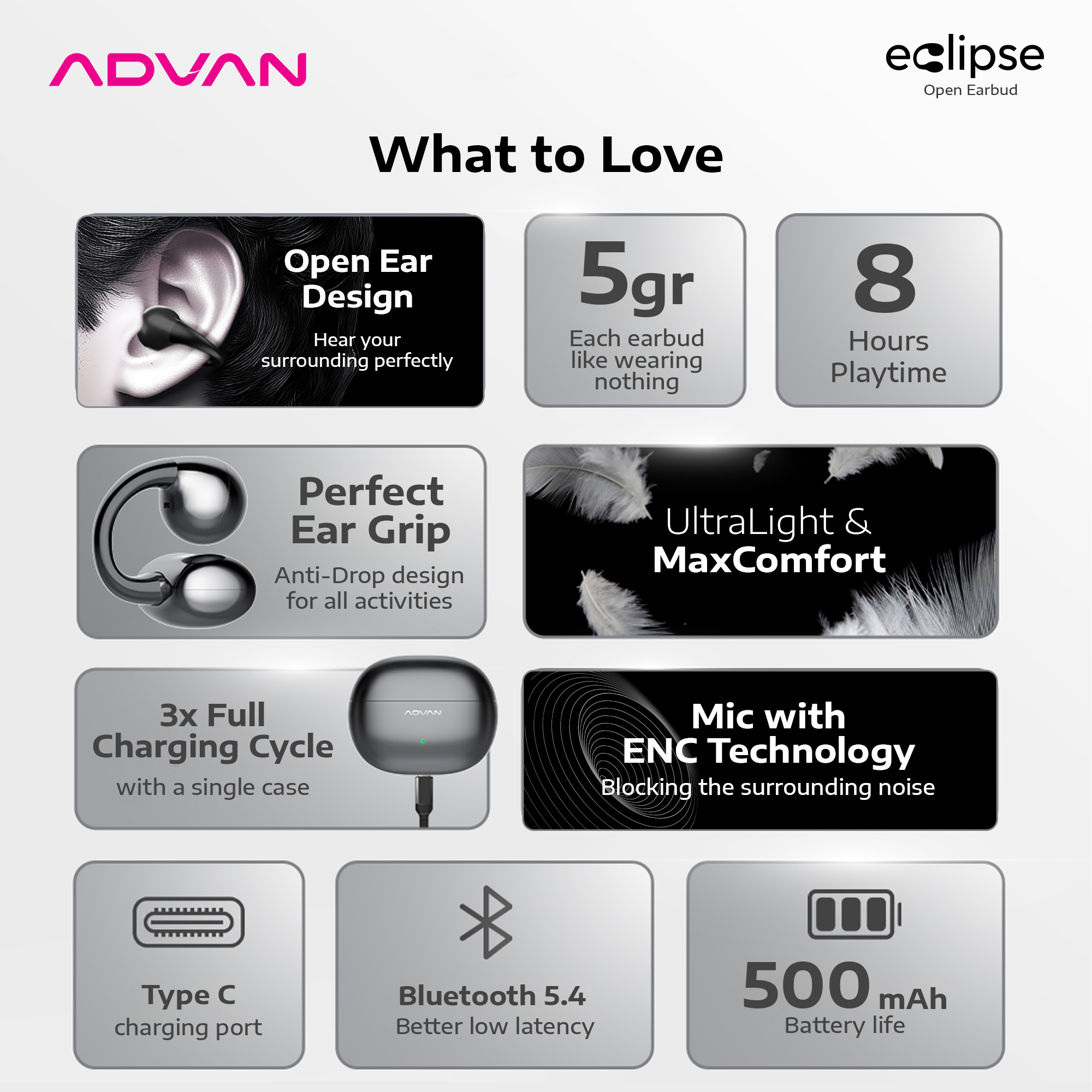 Jual [BEST DEALS] ADVAN Eclipse | OWS | Ear Clip Open Ear | Bluetooth 5.4 Low Latency | IPX4 ...