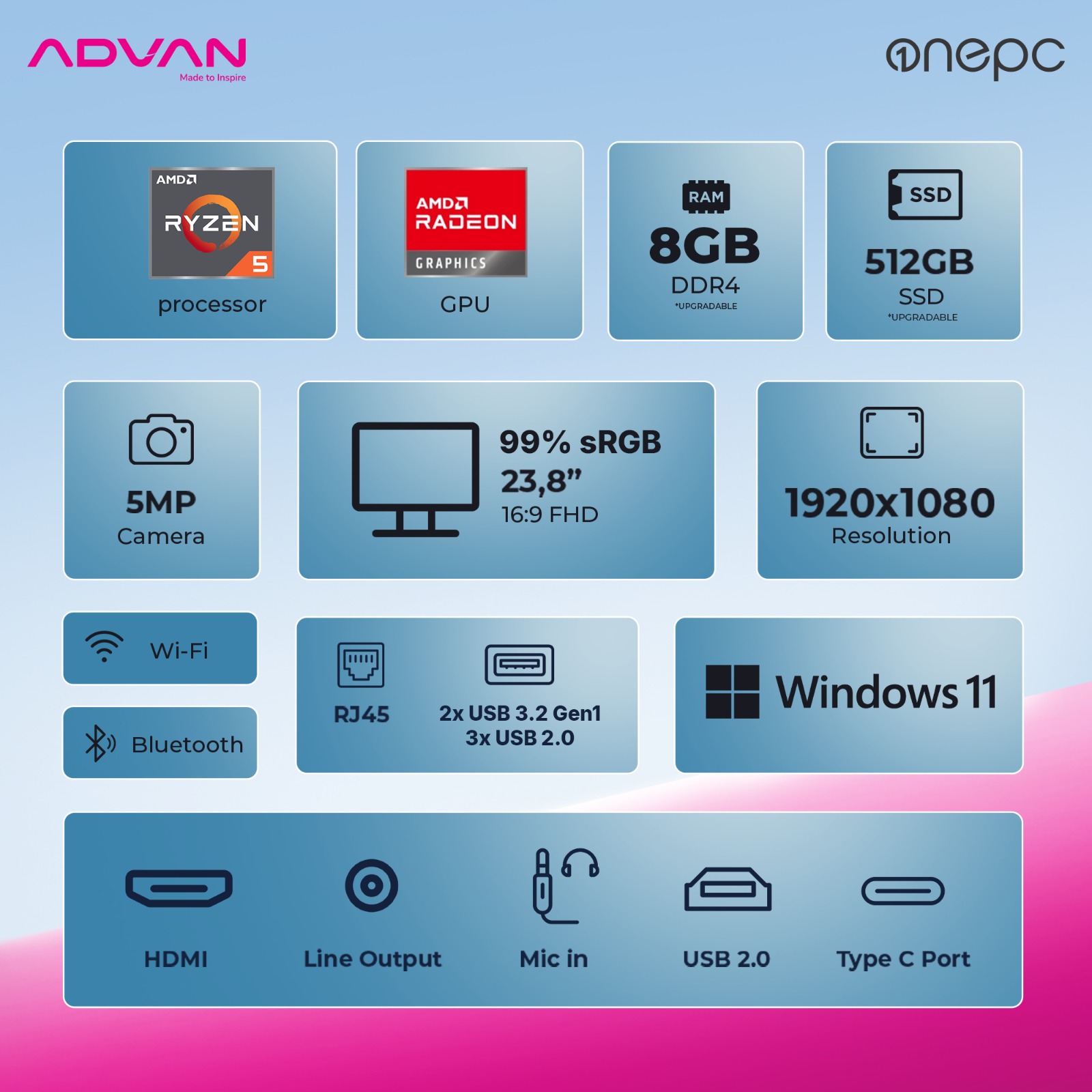 Jual ADVAN All In One PC AIO AMD Ryzen 5 3500U 8GB/512GB 23.8 Inch 65W Power Saving 99% sRGB ...