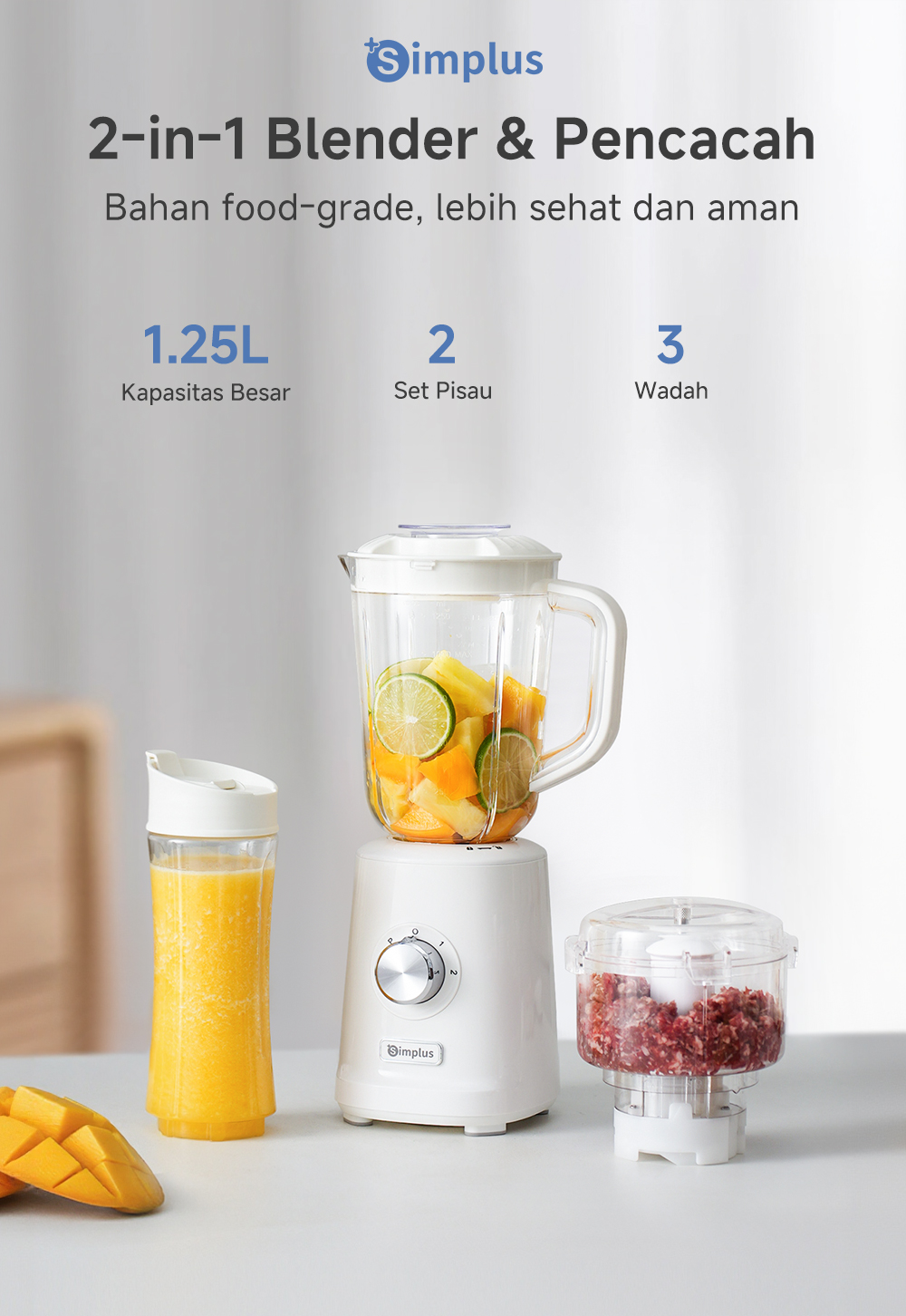 Jual Simplus 300W 3-in-1 Blender & Pencacah Daging 1,25L+630ml+600ml Kapasitas Besar 3 Wadah ...