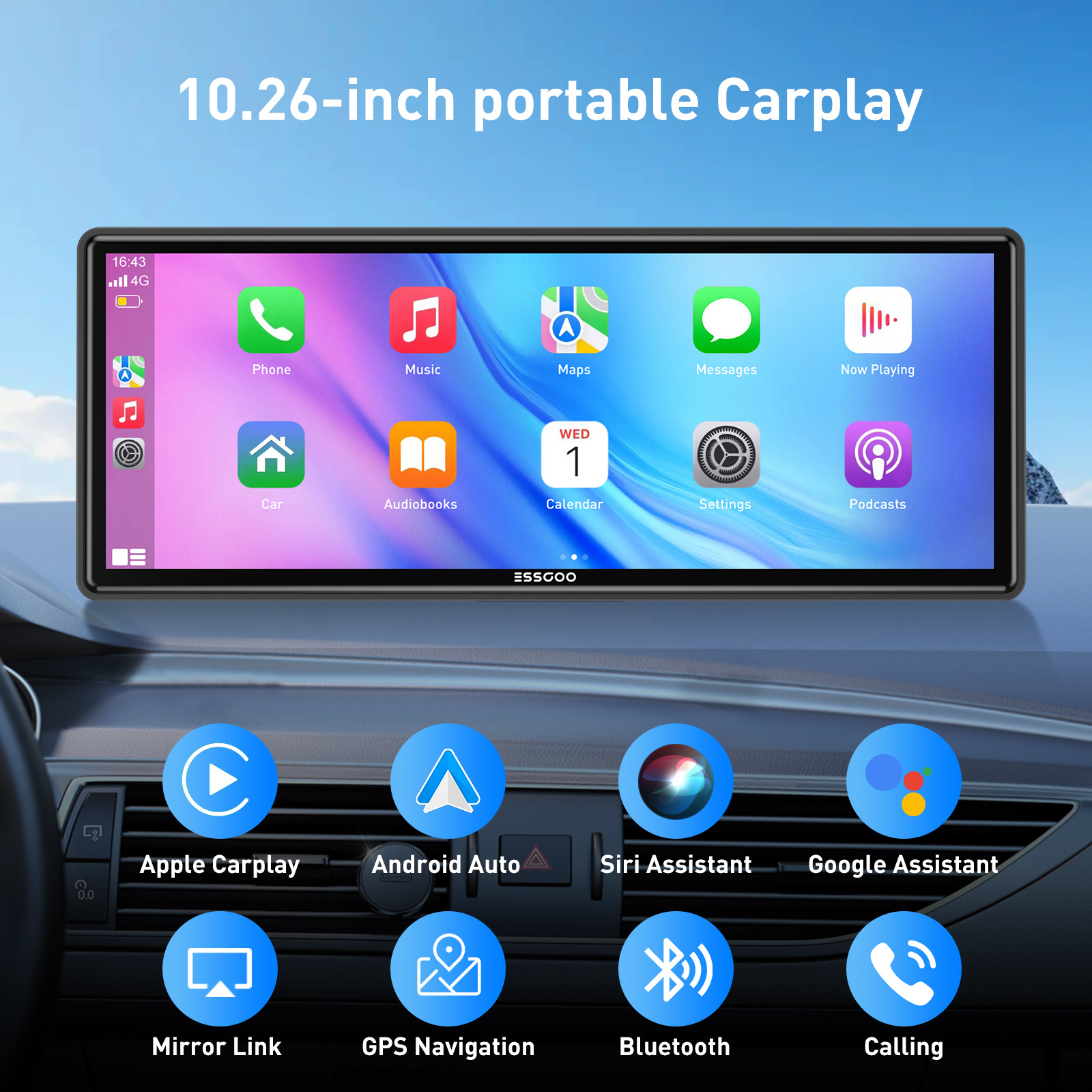 Jual ESSGOO 10inci Portable Carplay Nirkabel Portabel Multimedia Mobil ...