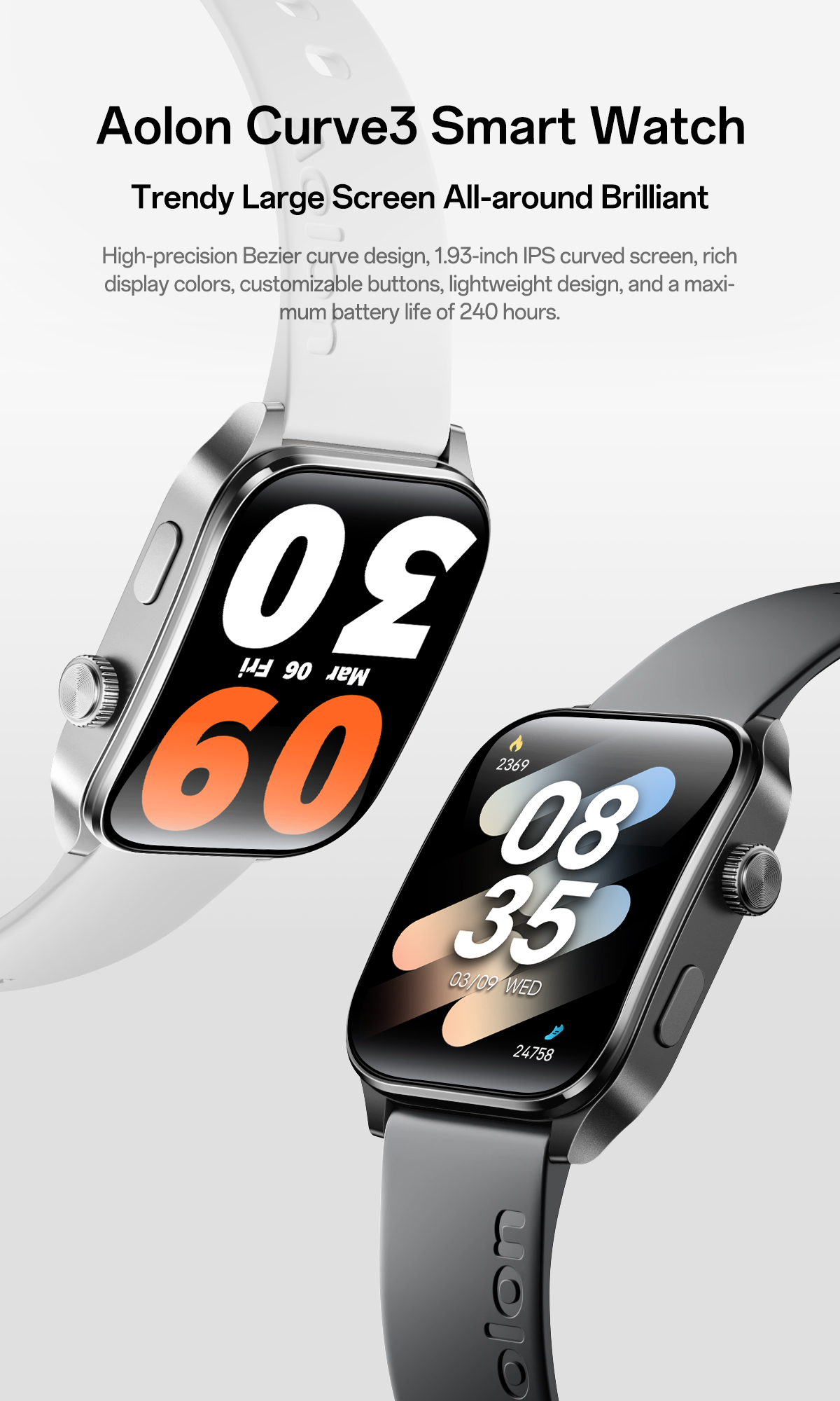 Jual [New] Aolon Curve 3 Jam Smartwatch 1.93-inci Layar IPS Tombol ...