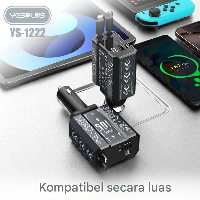 Jual Car Charger YESPLUS YS-1222 4in1 PD 105WMax Type-C Lighting Fast Charging | Shopee Indonesia