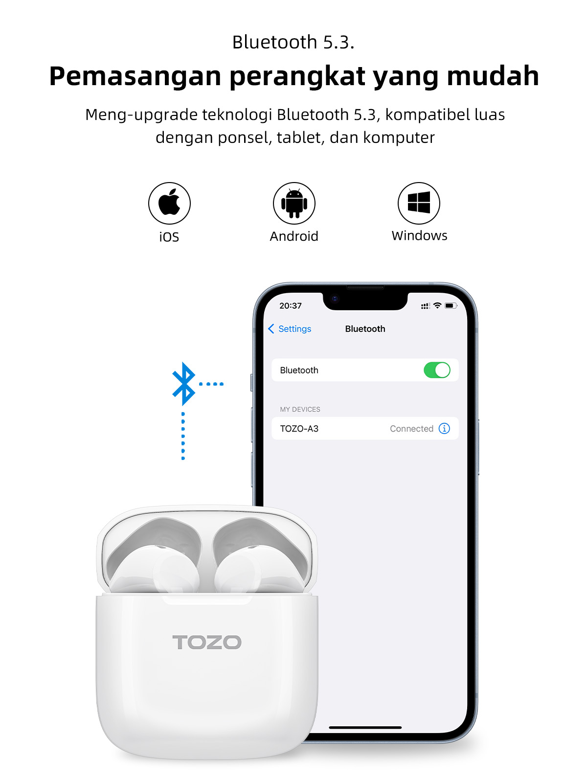 Jual (Super Bass )TOZO A3 Wireless Headset Bluetooth Half in-Ear Comfortable to Wear Lightweight ...