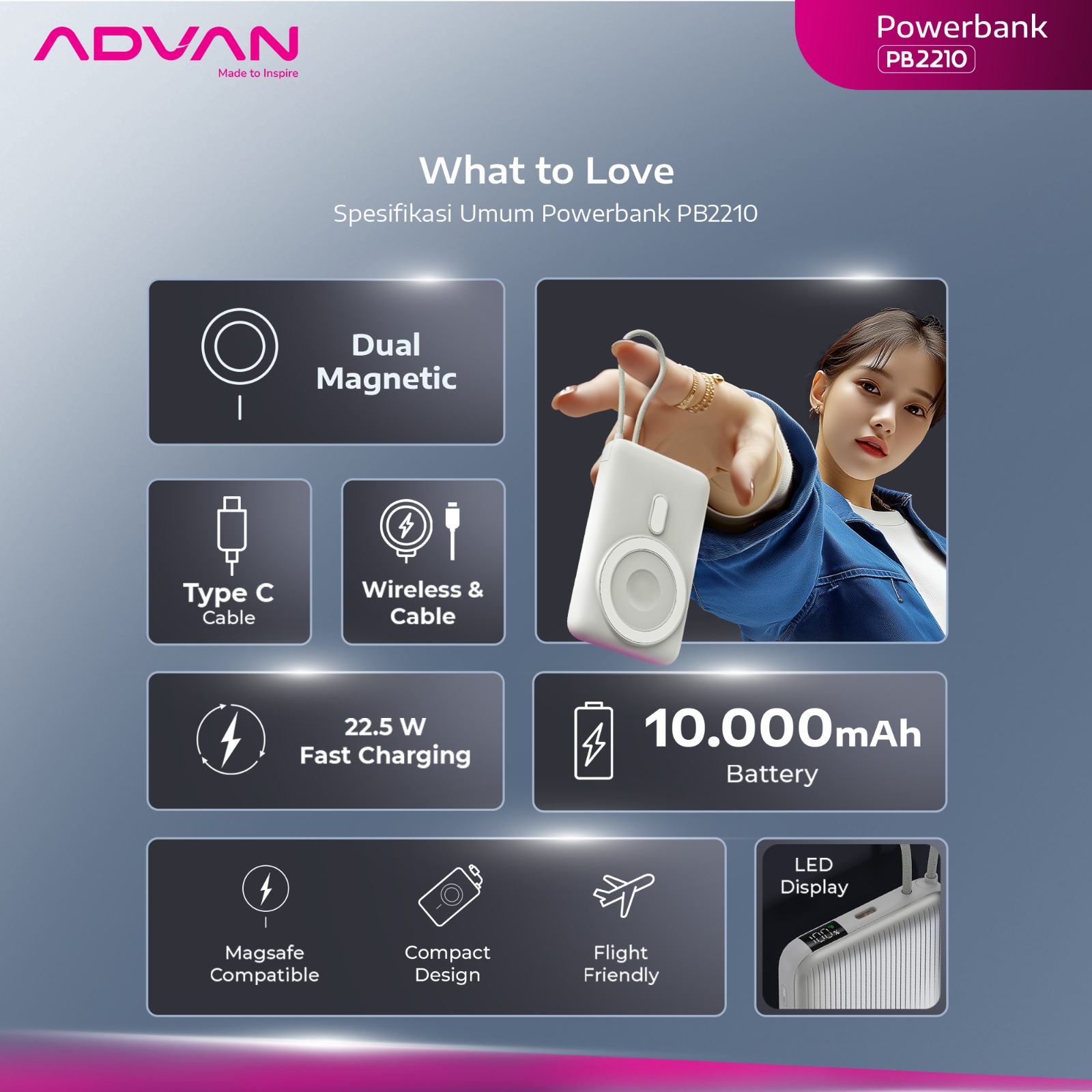 Jual [New Launch] ADVAN Wireless Powerbank PB2210 Dual Magnetic ...