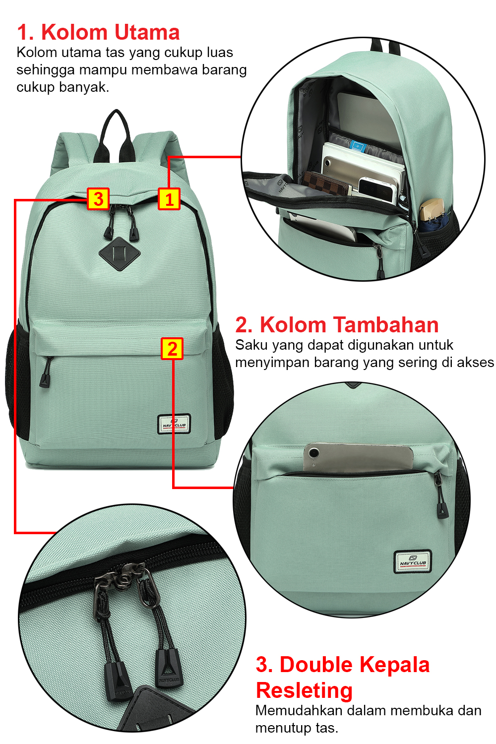 Jual Navy Club Tas Ransel Laptop Kasual EIBB - Backpack Daypack Up to 14 inch Tas Pria Wanita ...