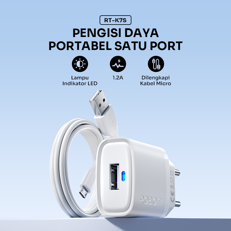 Jual ROBOT Adaptor Kepala Fast Charger iPhone & Android Universal 1.2A with Kabel Micro Lampu ...