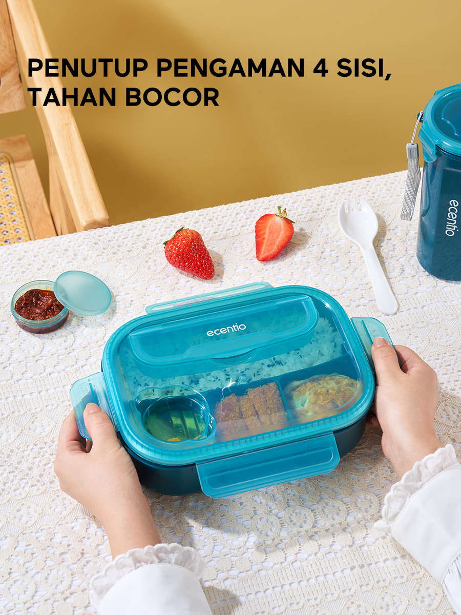 Jual ecentio kotak bekal anti tumpah kotak tempat bekal 1200ml+500ml lunch box set free sendok ...