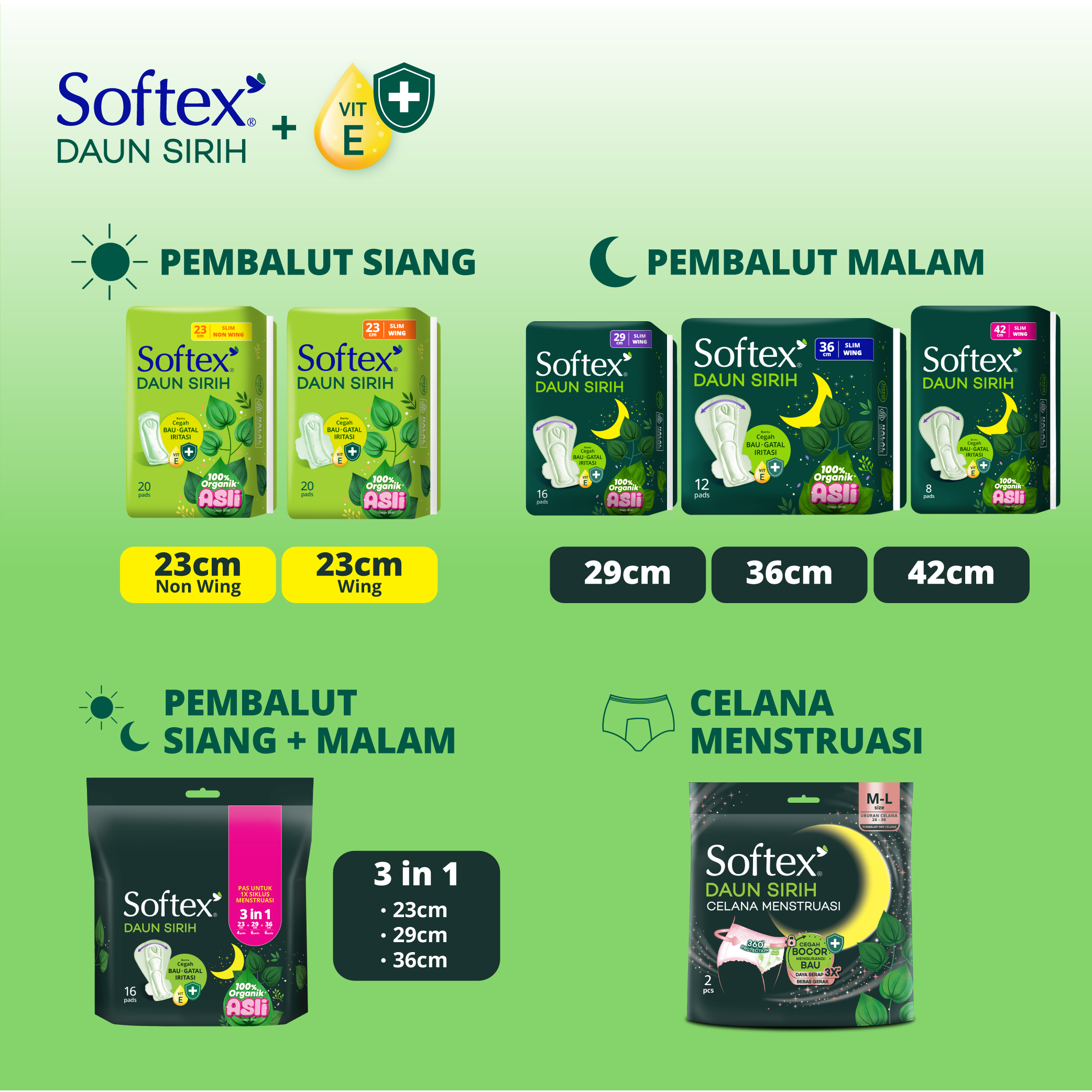 Jual Softex Daun Sirih + Vitamin E 23cm 20s - Pembalut Daun Sirih Siang ...