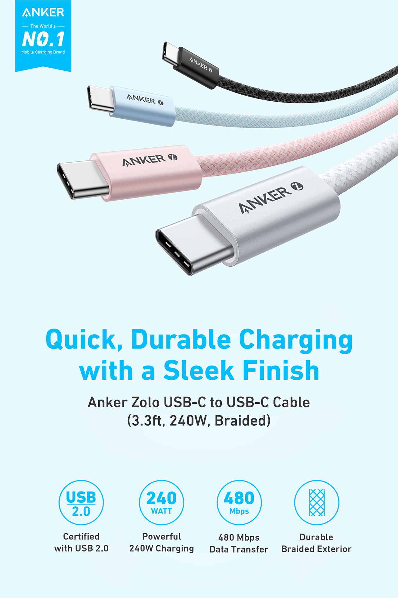 Jual Anker Zolo USB C to USB C Cable, Braided and Dirt-Free Type C Fast Charging Cable, Slim ...