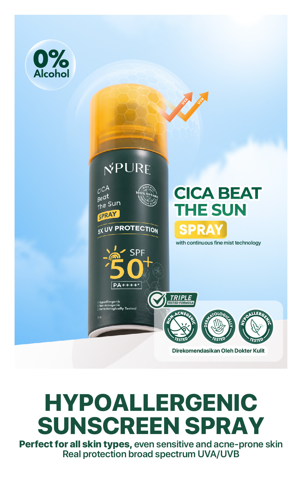 Jual NPURE Cica Beat The Sun Spray Healthy Glow & SPF Protection SPF 50 ...