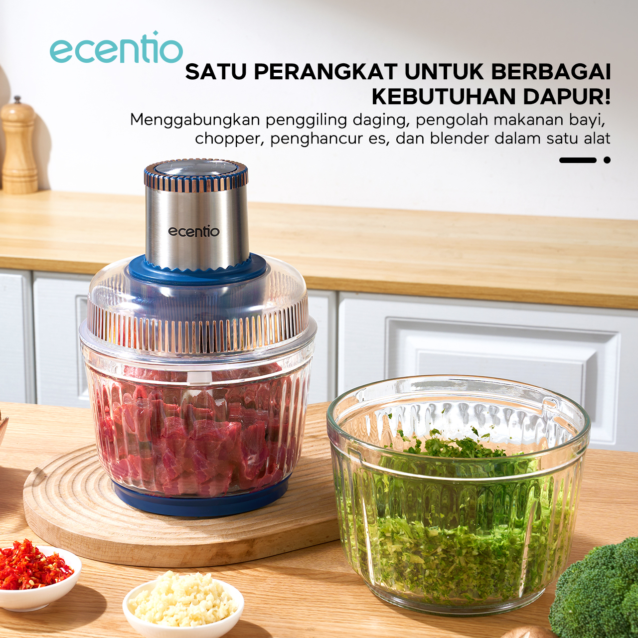 Jual ecentio Penggiling Daging 3L Food Chopper Kaca Motif 400 Watt 6 ...