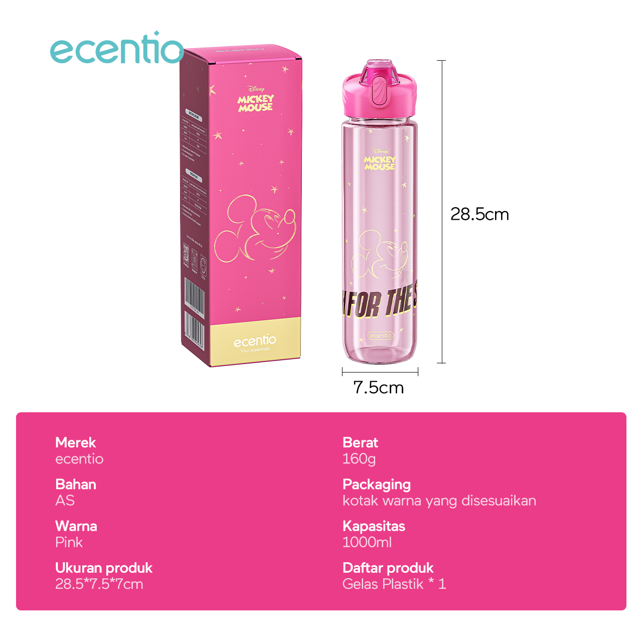Jual [Original] ecentio botol minum Disney Micky 1000ml Portable Botol ...