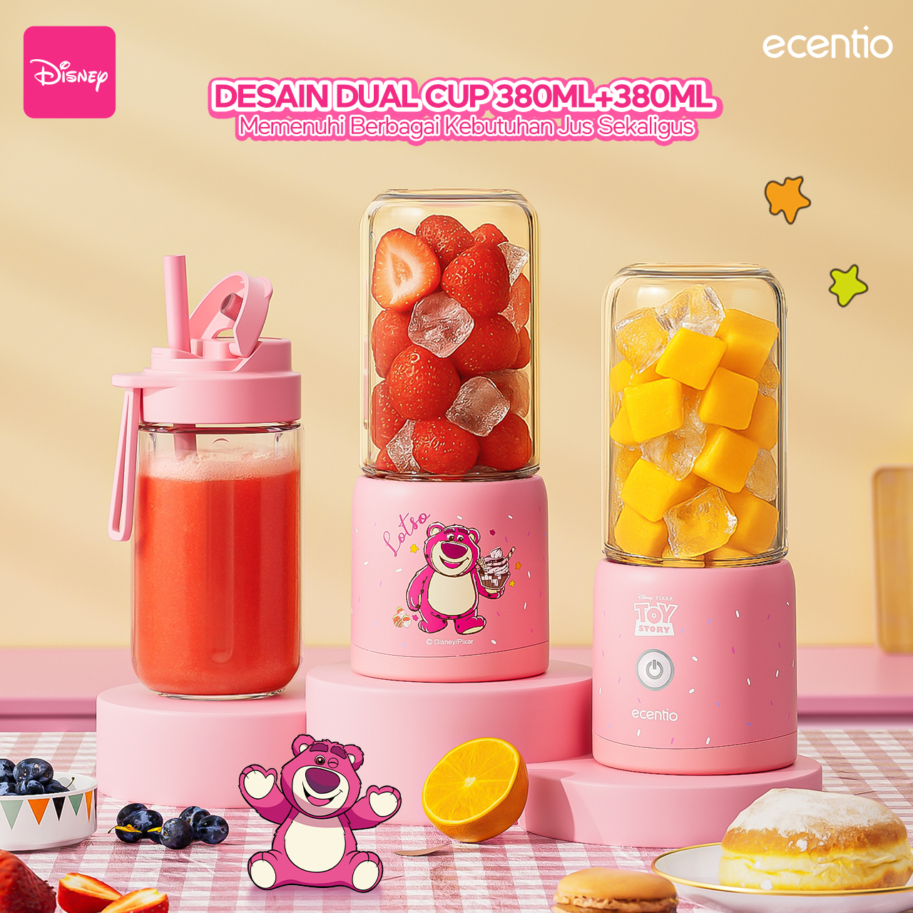 Jual 【ORI】ecentio X TOY story juicer blender disney lotso 10 pisau juicer Kaca Tebal 2 Cup mini ...