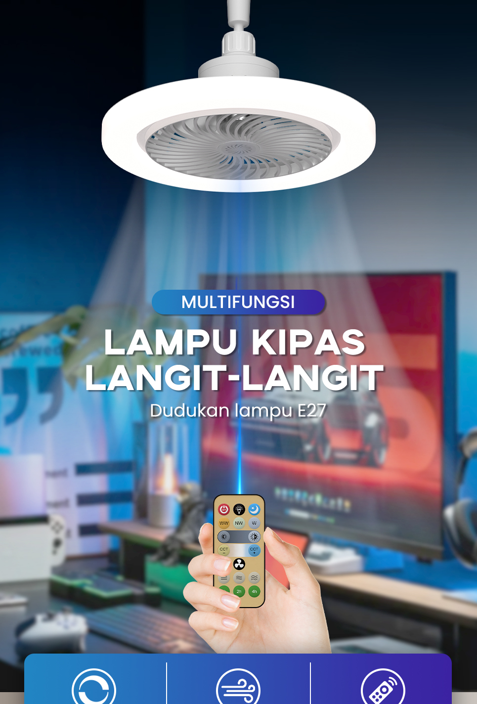 Jual HAN RIVER 30W 2in1 Lampu Kipas Angin Plafon Lampu 3 Warna Remote Dapat Diatur 360° E27 Lamp ...