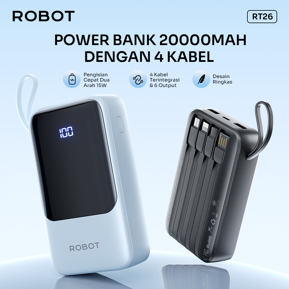 Jual ROBOT Powerbank Fast Charging 20000mAh PD 15W With Port and Cable ...