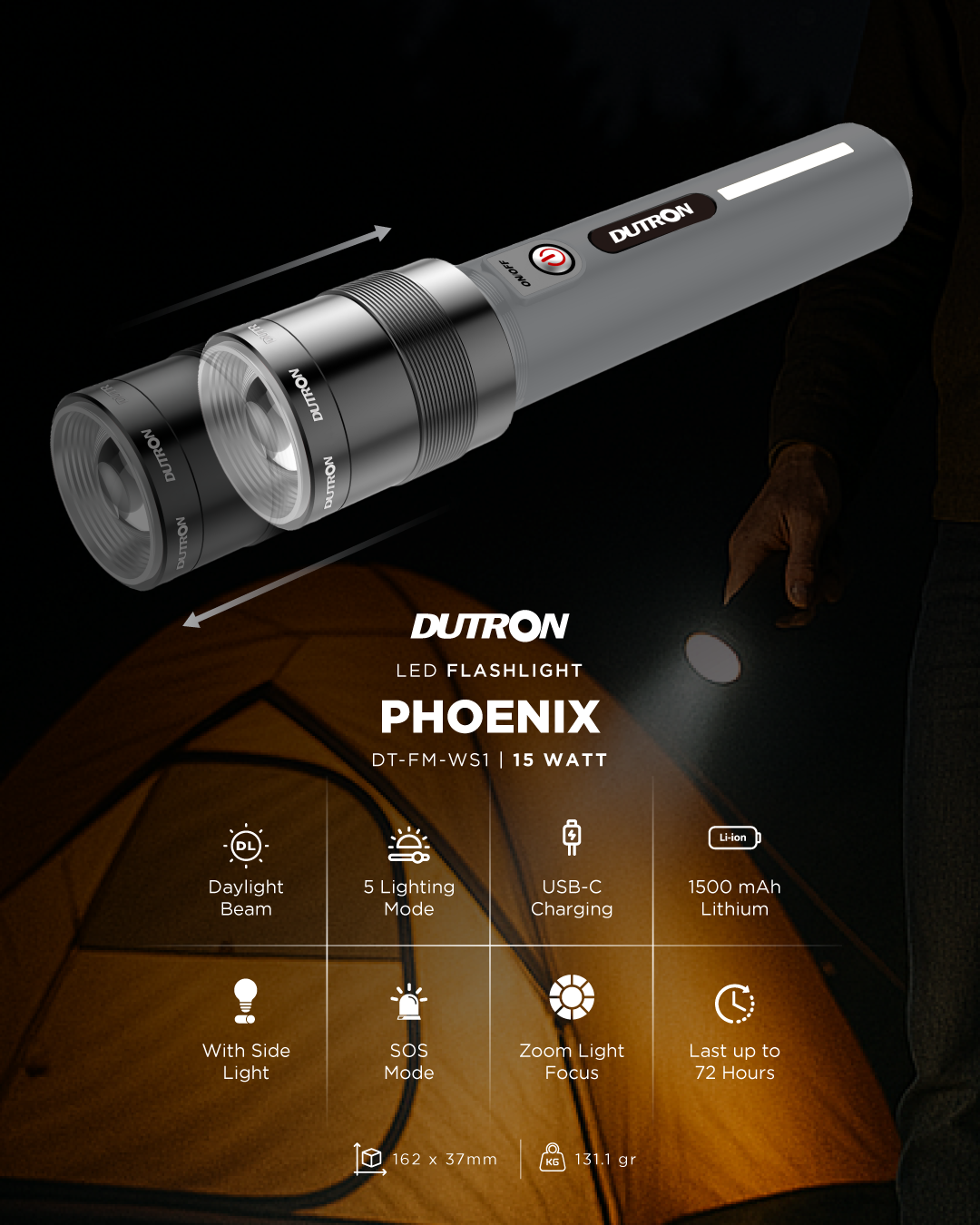 Jual DUTRON Phoenix Senter ZOOM LED 5 Mode Cahaya 15 Watt - Senter ...