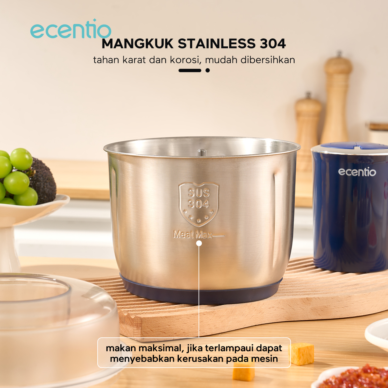 Jual ecentio Penggiling Daging Stainless 3L Food Chopper 4 Mata Pisau Multifungsi Food Processor ...
