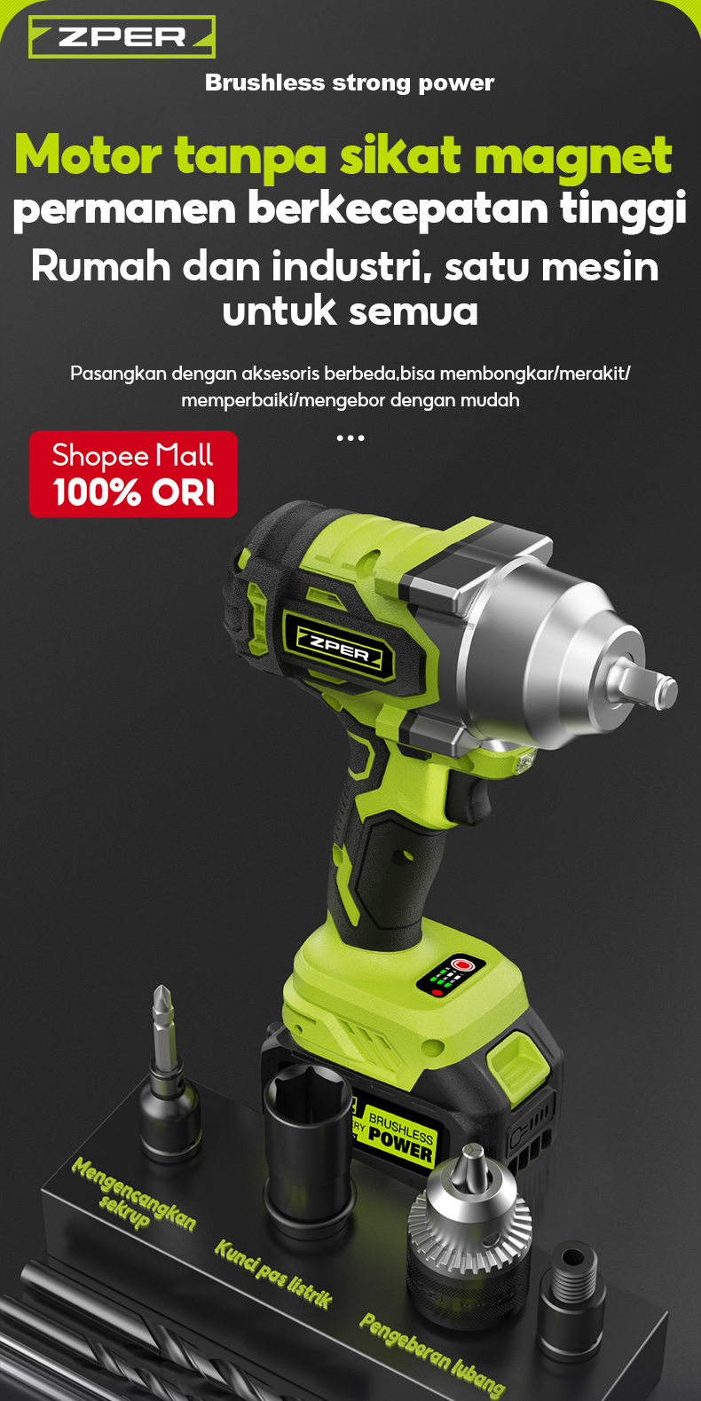 Jual ZPER Cordless Impact Wrench Brushless impact baterai wrench Mobil ...