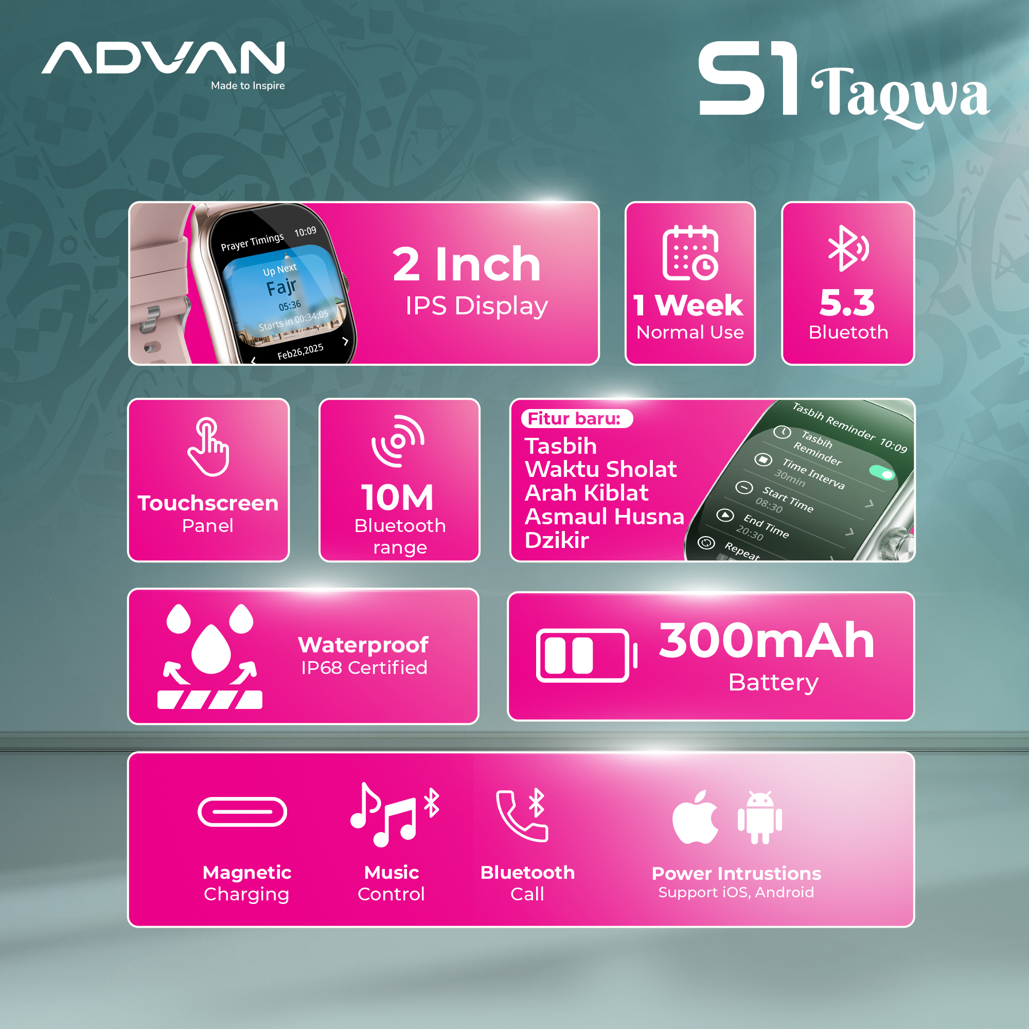 Jual ADVAN Smartwatch S1 Taqwa – Fitur Islami IPS 2.01” Ai Voice Bluetooth Calls 100+ Sports ...