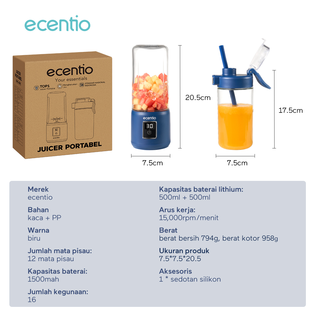 Jual ecentio Juicer Portable LED Touchscreen Dual Cup 500ml+500ml Kaca Gelas MPASI Premium 12 ...