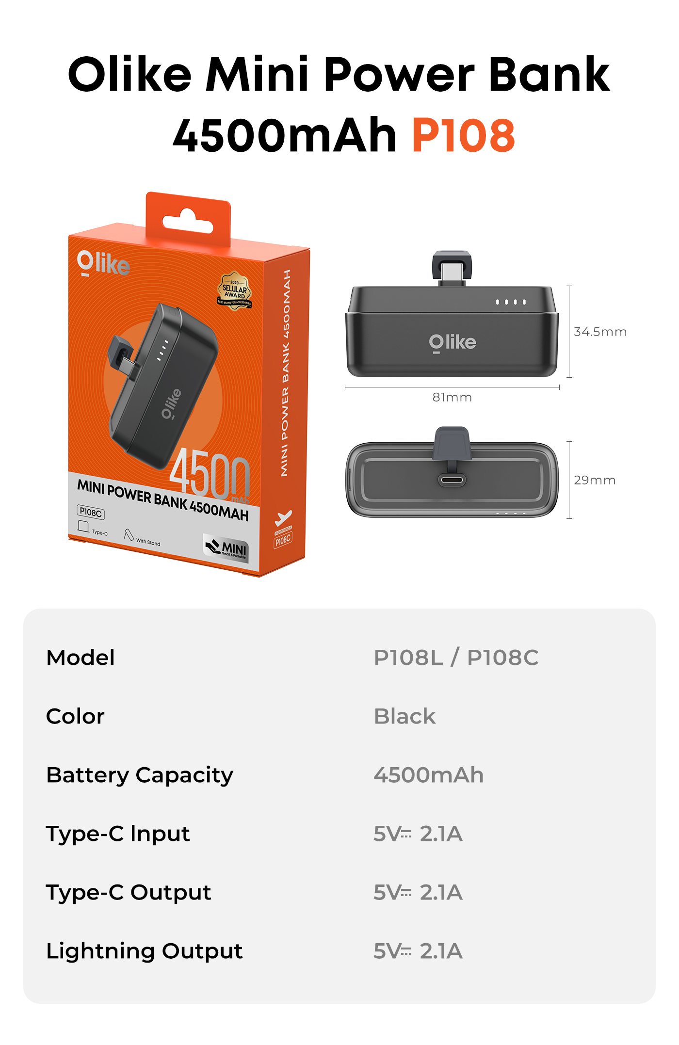 Jual OLIKE Powerbank Mini P108 4500mAH Dual Output Charging Port Type-C ...