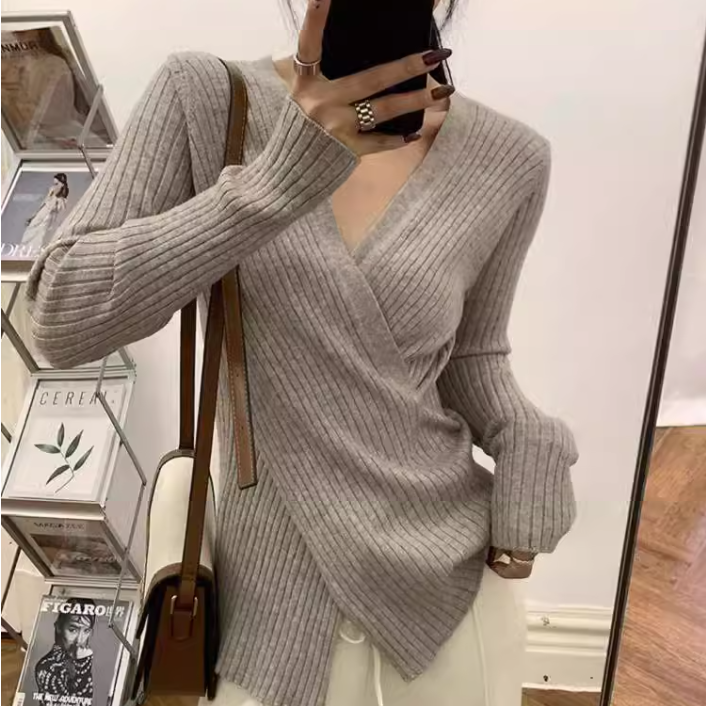 Jual Newlan DBZZ03 Knit V-neck Korean Style Wrap Top Atasan Rajut Wanita Lengan Panjang Sweater ...
