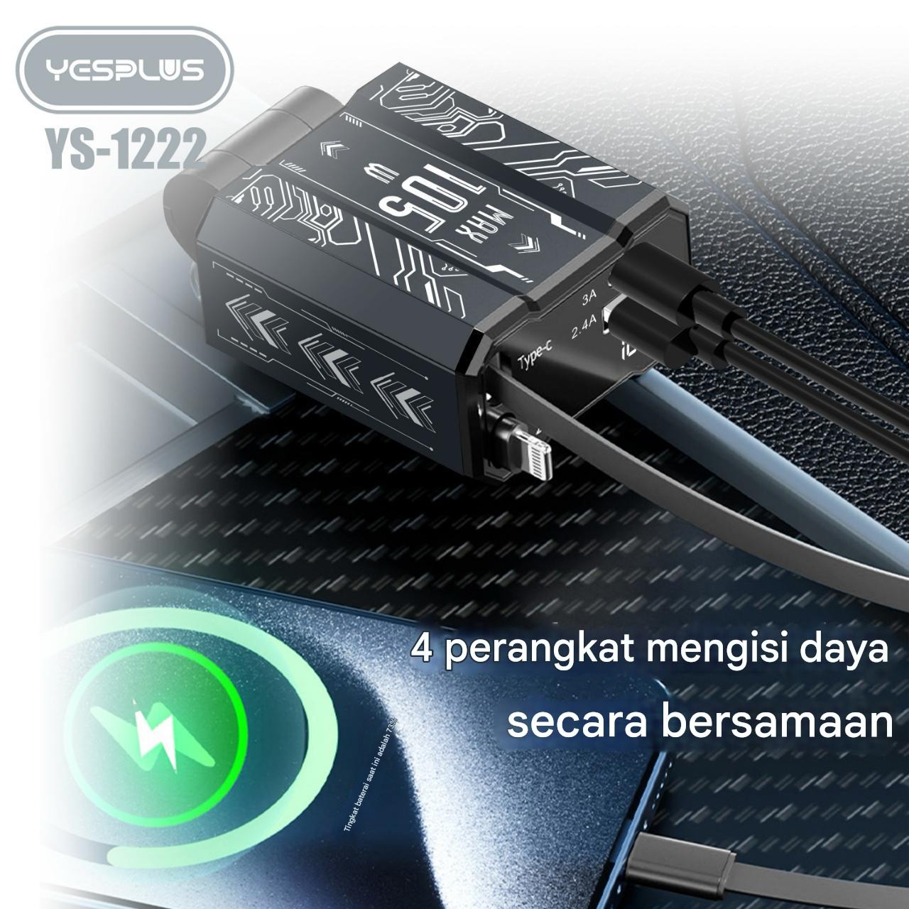 Jual Car Charger YESPLUS YS-1222 4in1 PD 105WMax Type-C Lighting Fast Charging | Shopee Indonesia