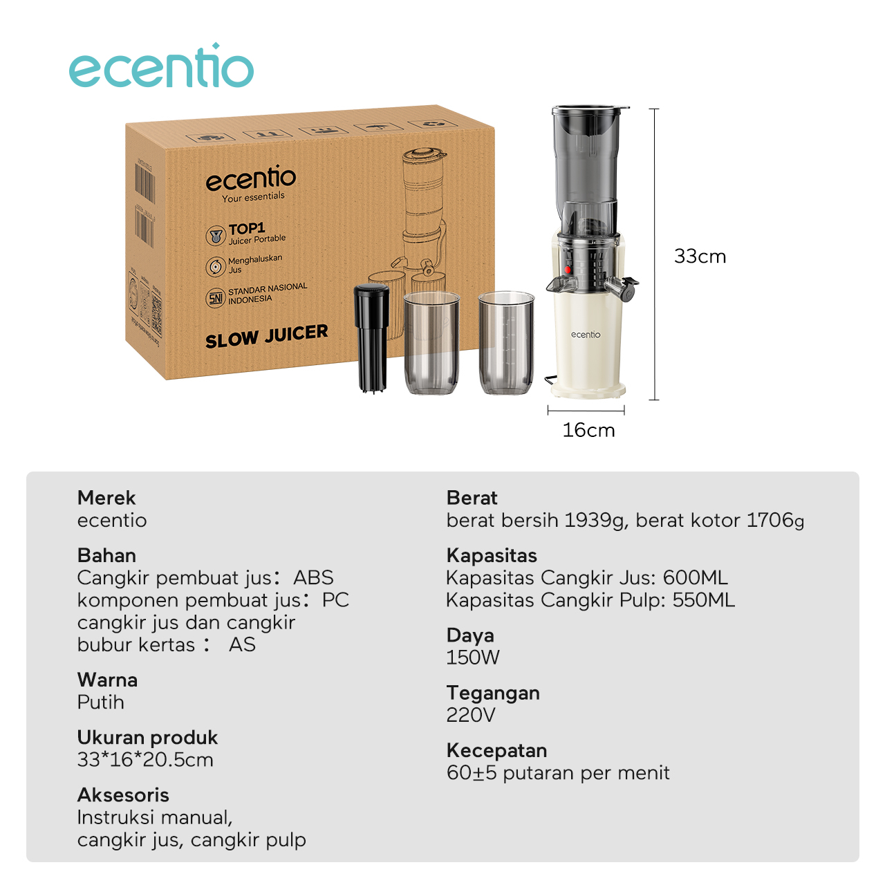 Jual ecentio Slow Juicer Cold Press Easy Juice Filter-Free Easy Clean ...