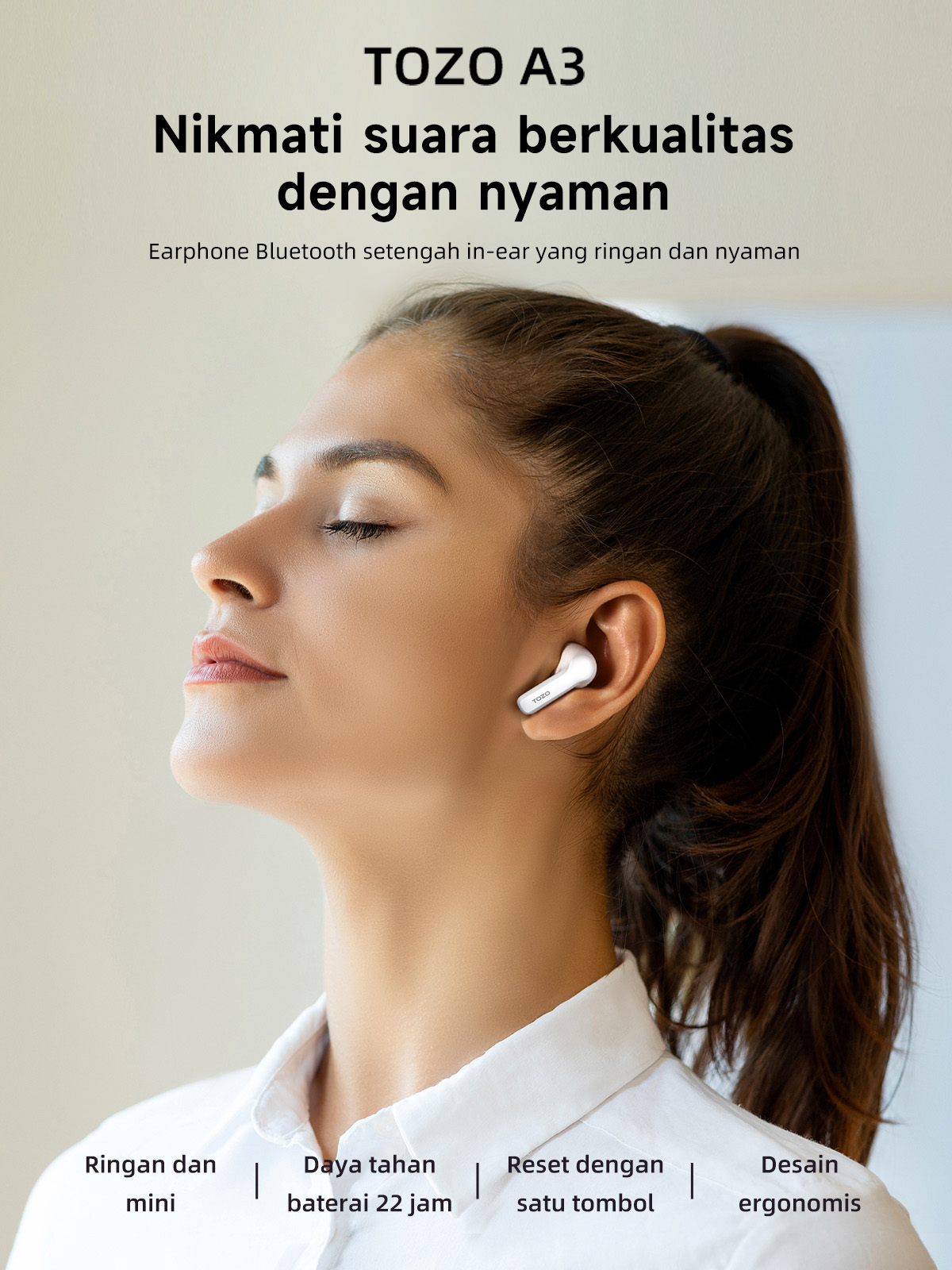 Jual (Super Bass )TOZO A3 Wireless Headset Bluetooth Half in-Ear Comfortable to Wear Lightweight ...