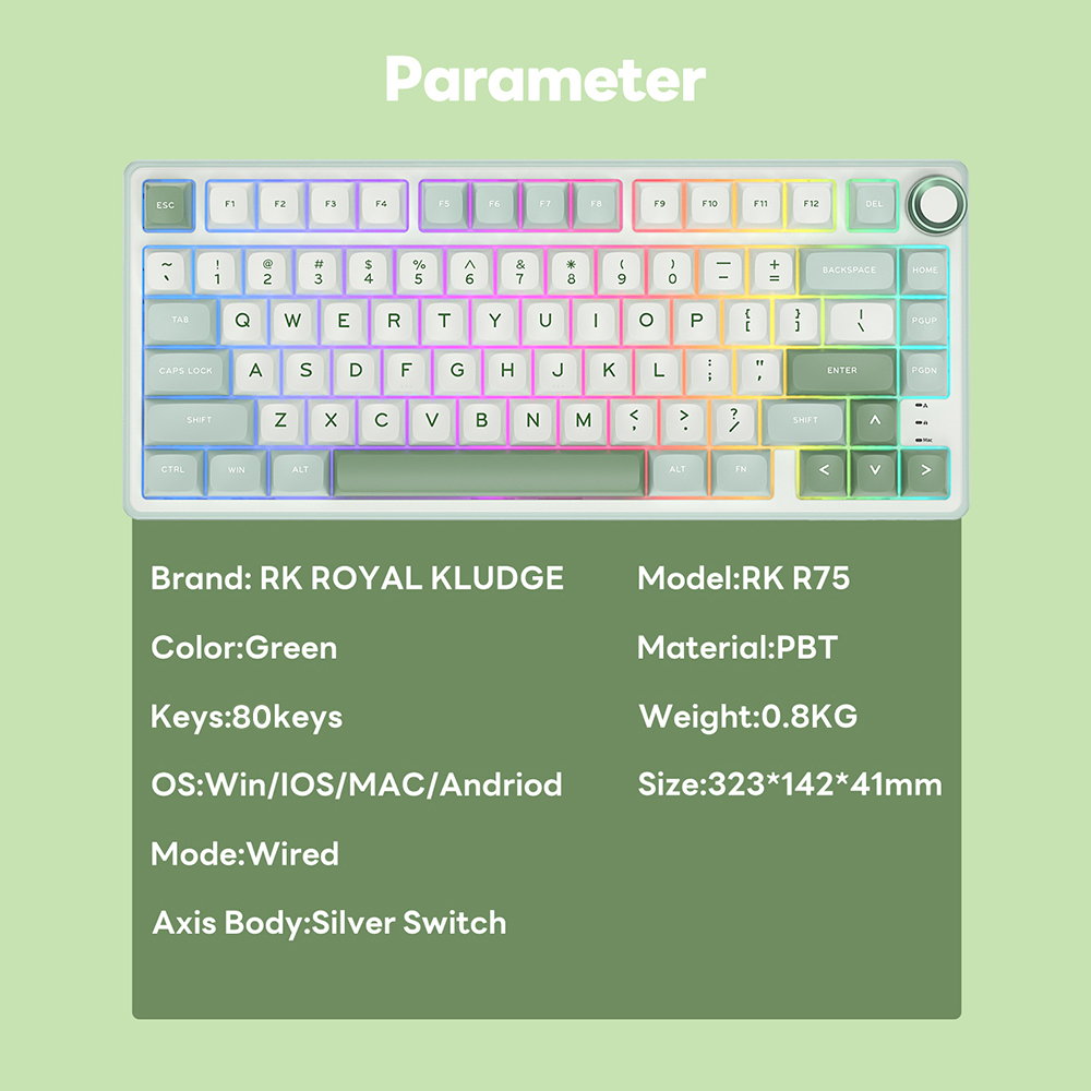 Jual Royal Kludge RK R75 Green 81 key Wired Gaming Keyboard | Shopee ...